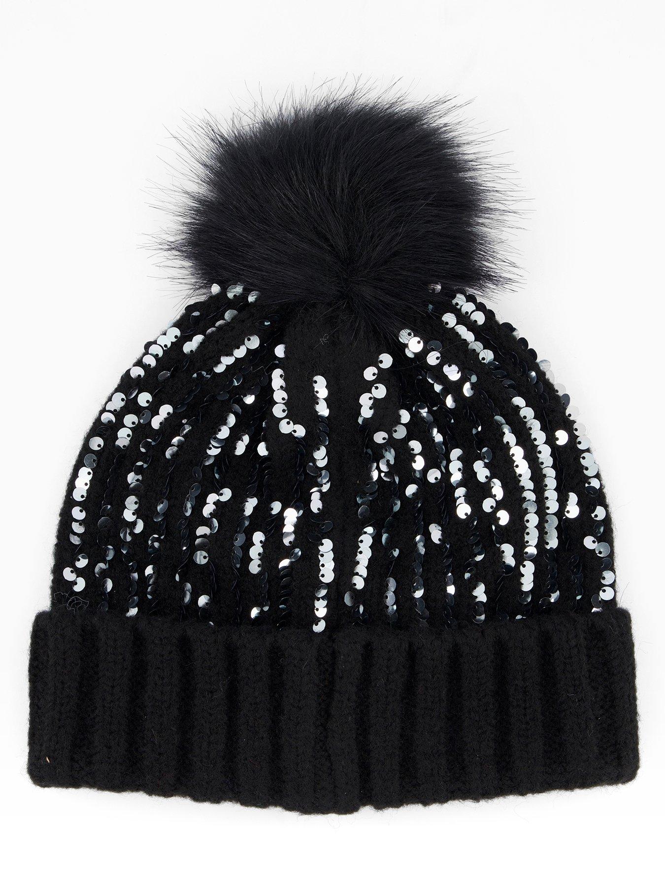 The Very Collection Knitted Sequin Beanie With Faux Fur Pom Pom - Black ...
