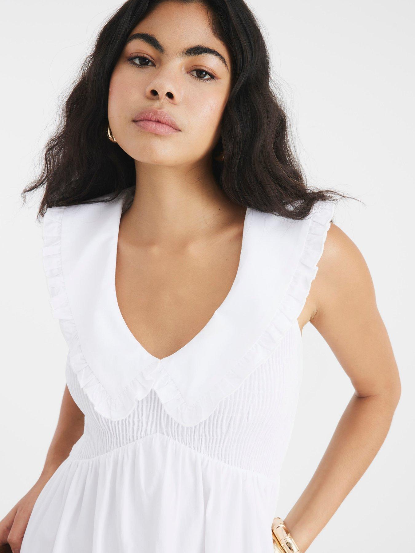 River Island Short Sleeve Collar Ruffle Shirred Dress - White | Very