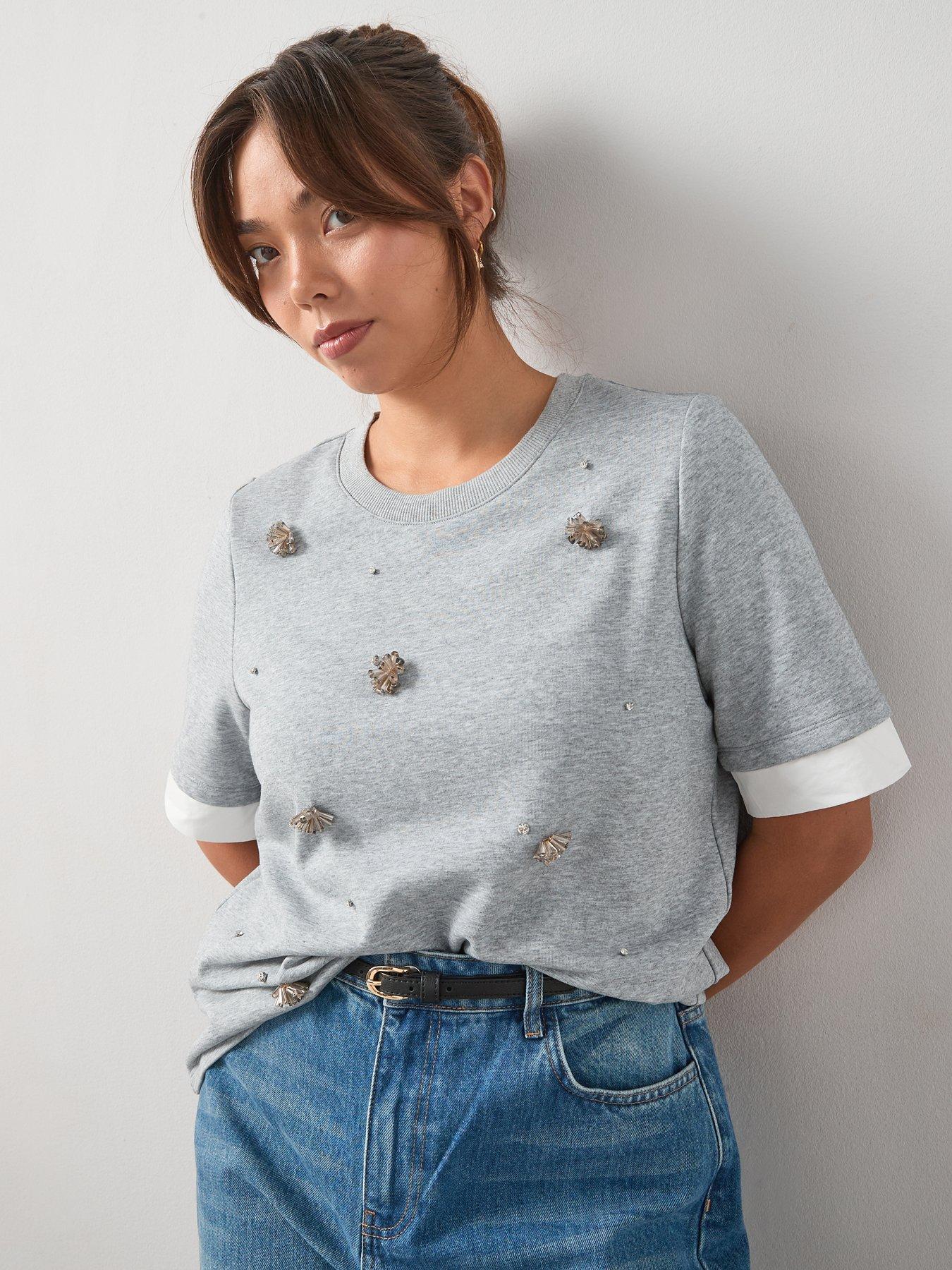 V by Very Curve Embellished Front Top - Grey | Very