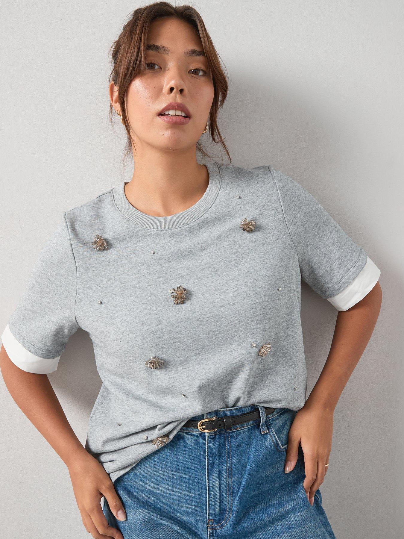 V by Very Curve Embellished Front Top - Grey | Very