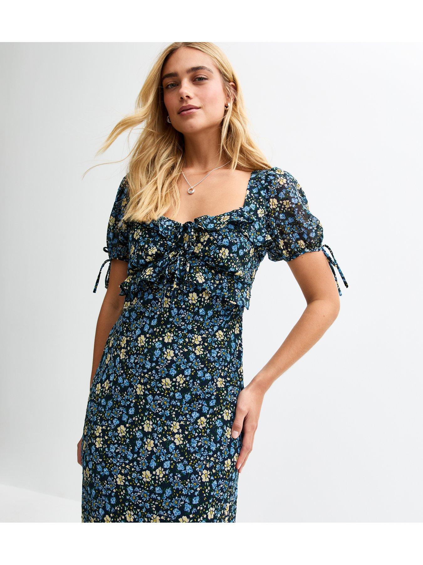 New Look Floral Print Tie Sleeve Chiffon Midi Dress - Blue | Very