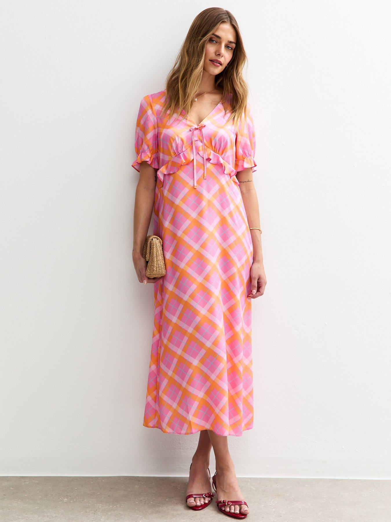 New Look Check Print Ruffle Front Satin Midi Dress - Pink | Very