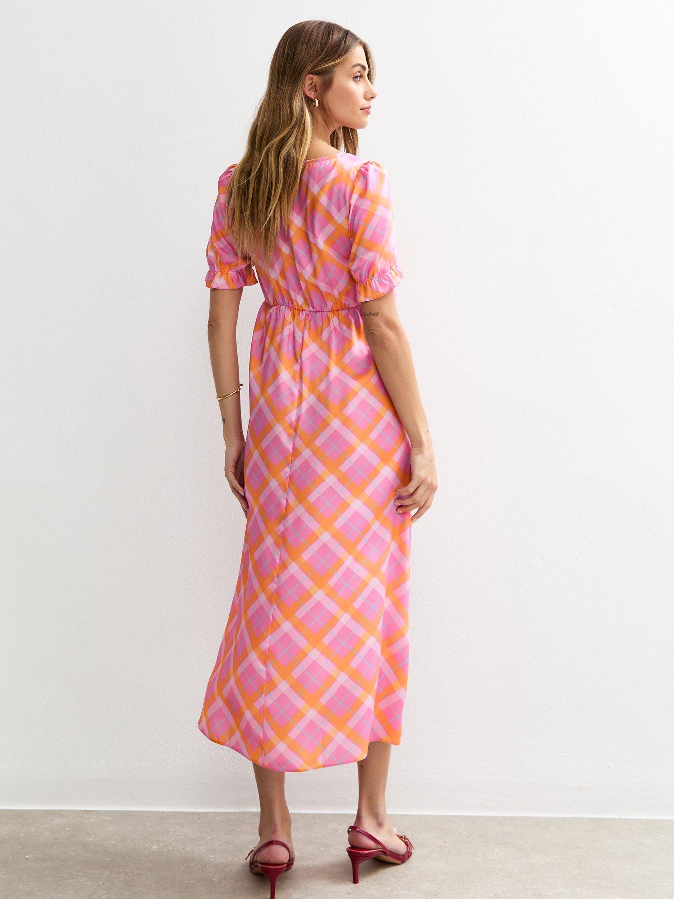New Look Check Print Ruffle Front Satin Midi Dress - Pink | Very