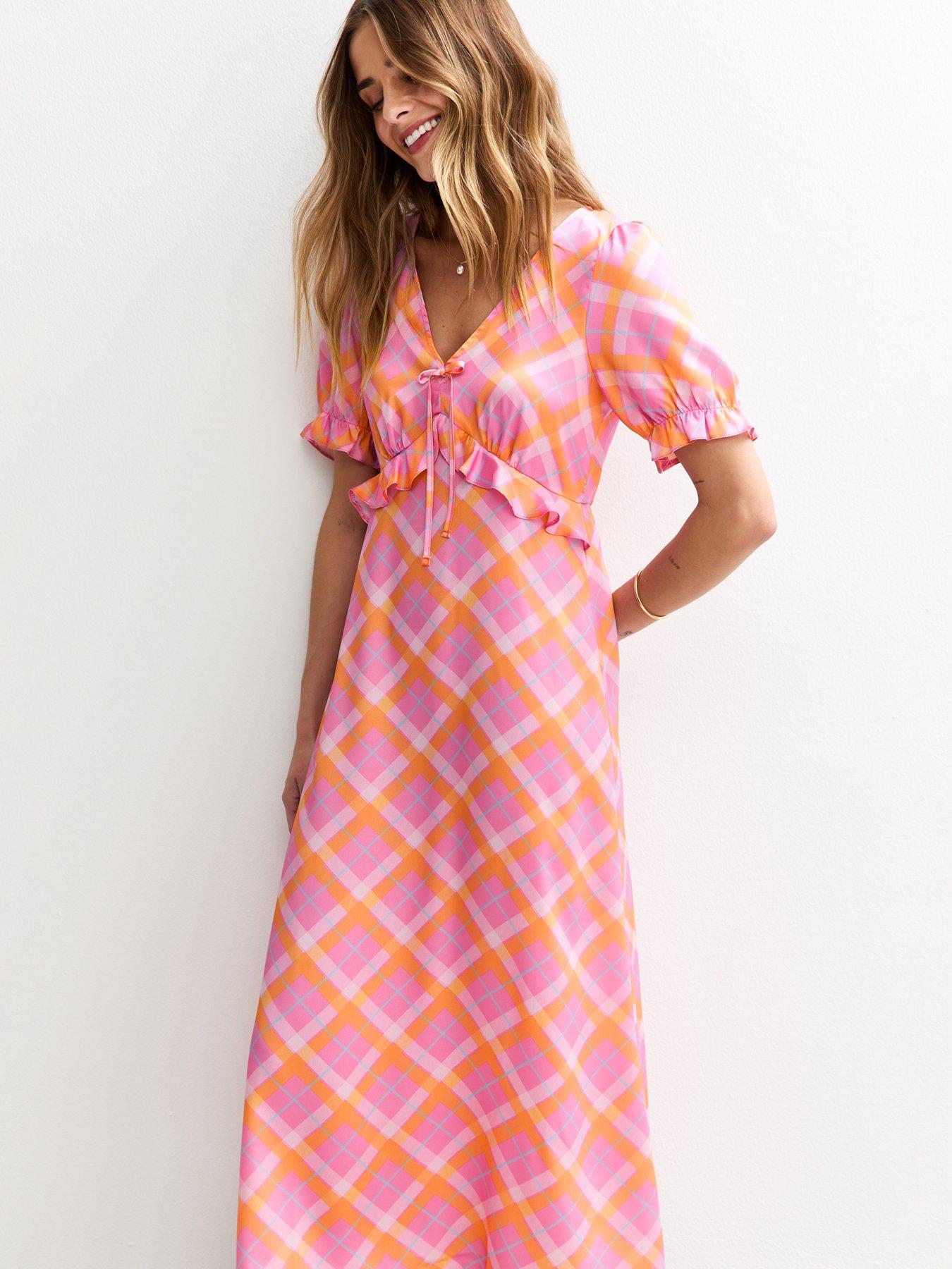New Look Check Print Ruffle Front Satin Midi Dress - Pink | Very