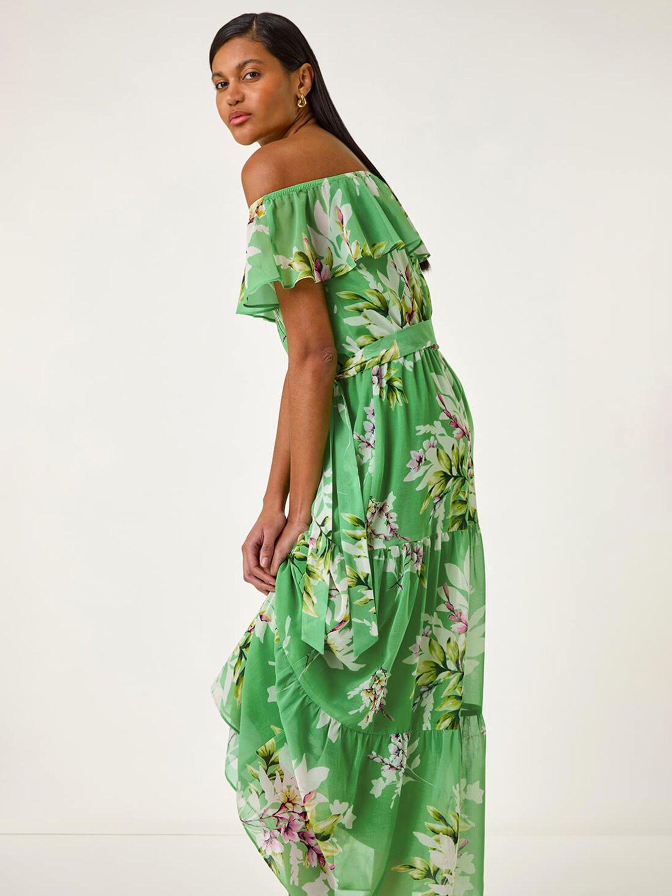 Roman Floral Bardot Belted Maxi Dress - Green | Very