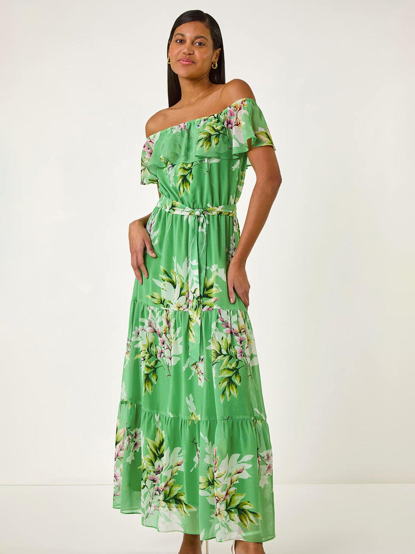 Roman Floral Bardot Belted Maxi Dress - Green | Very