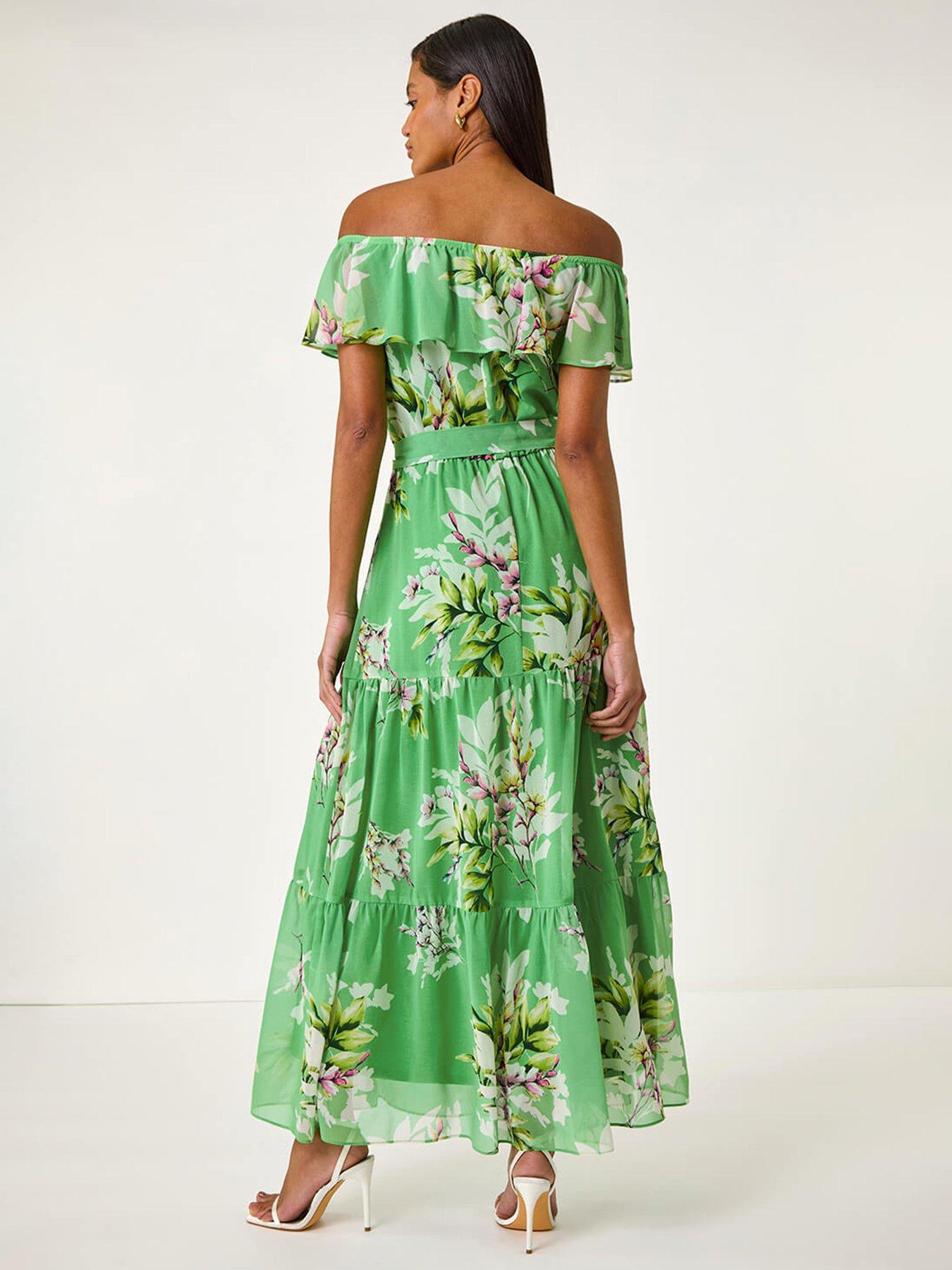 Roman Floral Bardot Belted Maxi Dress - Green | Very