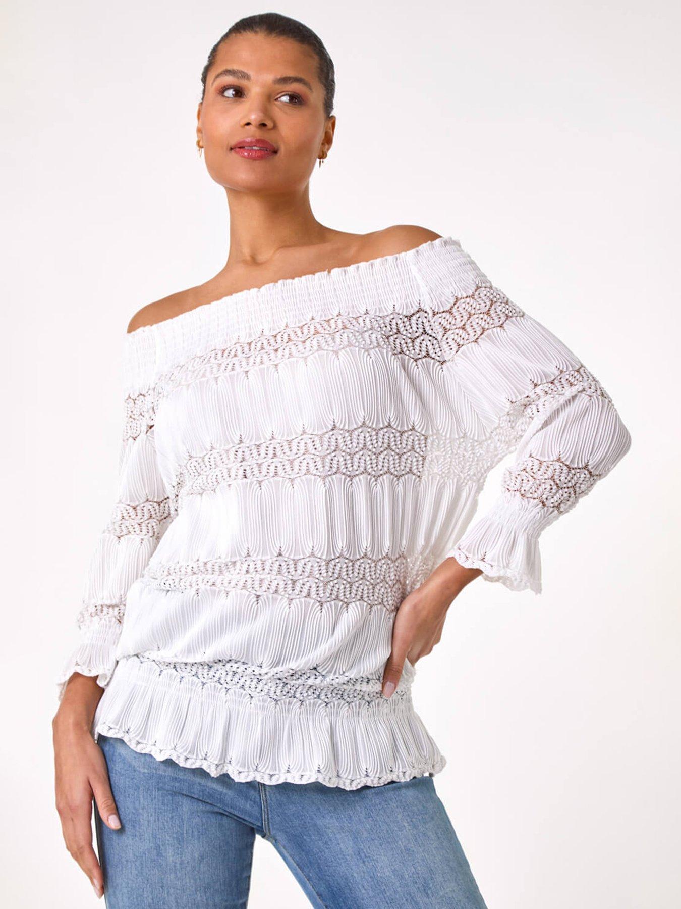 Roman Lace Insert Frill Bardot Top - Cream | Very