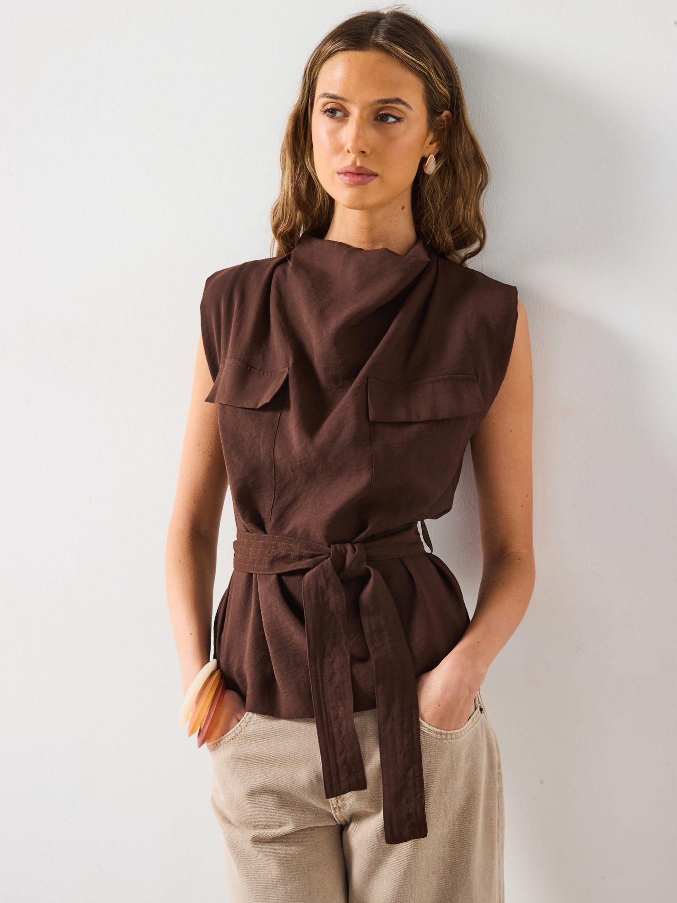 Mango Draped Neck Blouse With Belt - Brown | Very