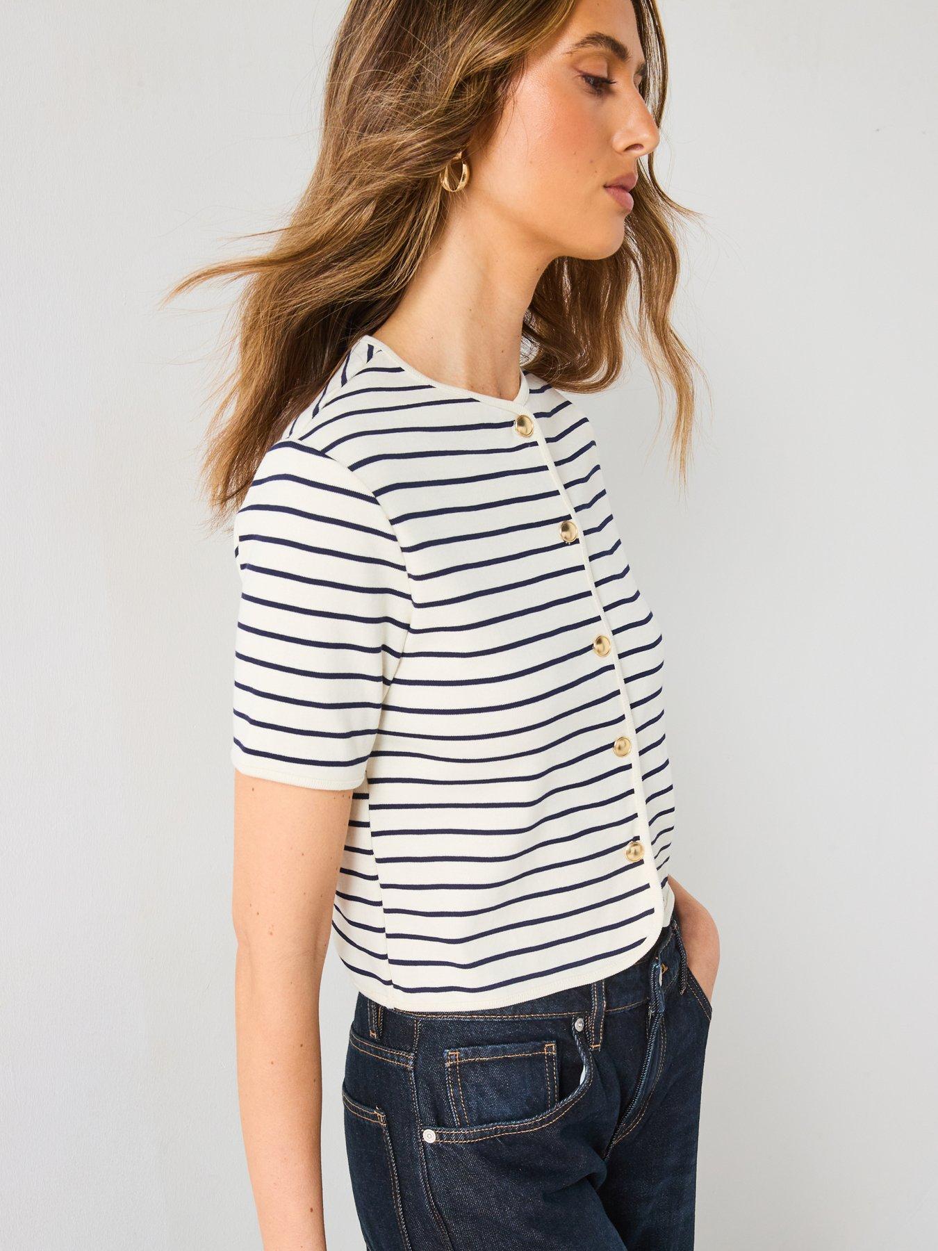 Mango Short Sleeve Striped Cardigan - Navy | Very