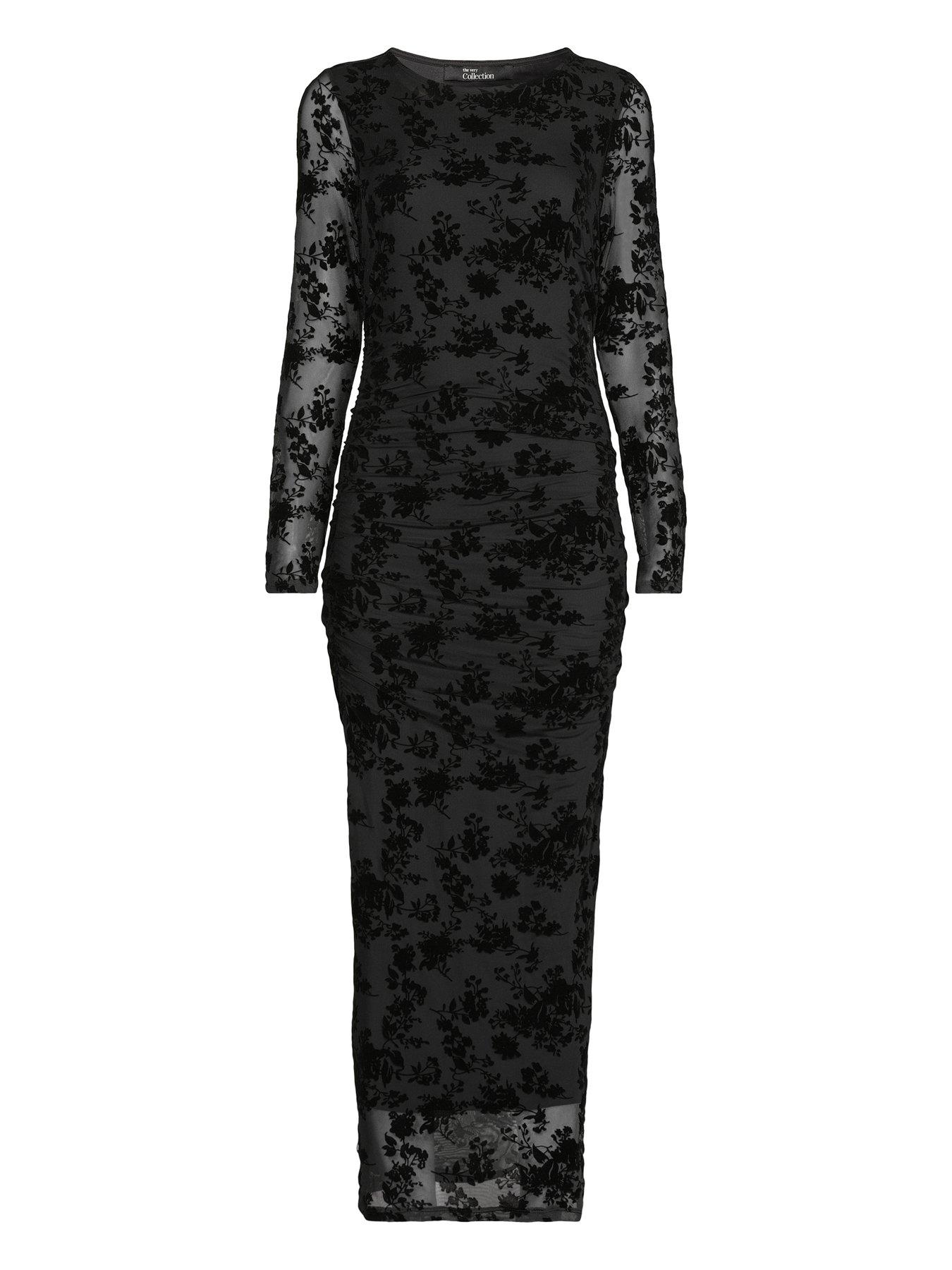 The Very Collection Floral Flock Mesh Midaxi Dress - Black | Very