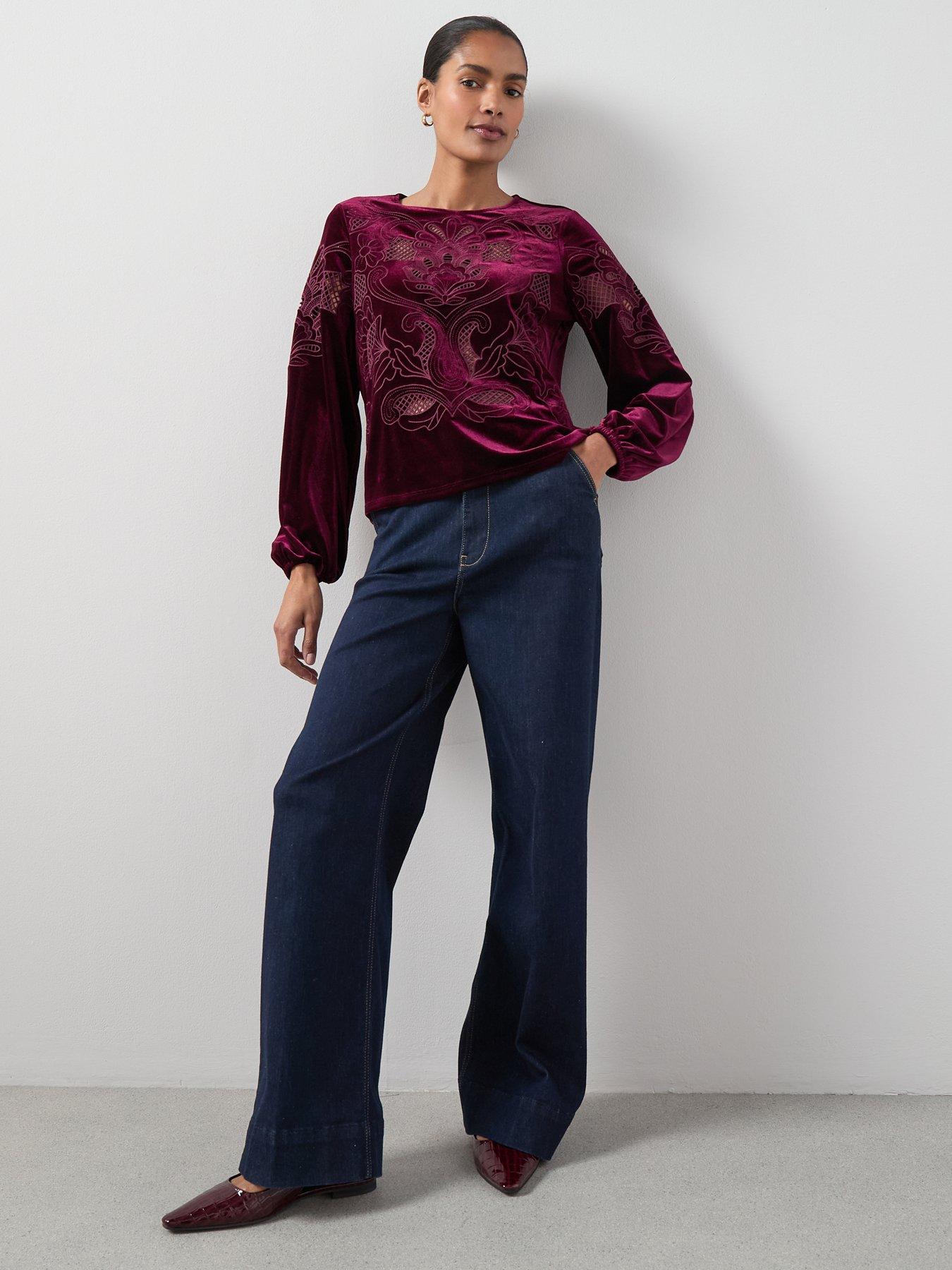 The Very Collection Velvet Cutwork Top - Burgundy | Very