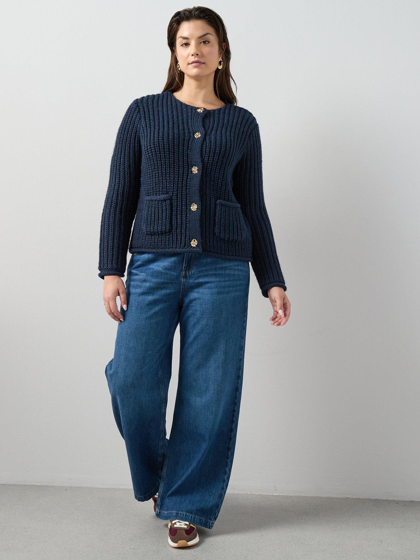 The Very Collection Curve Button Detail Crew Neck Cardigan - Navy | Very