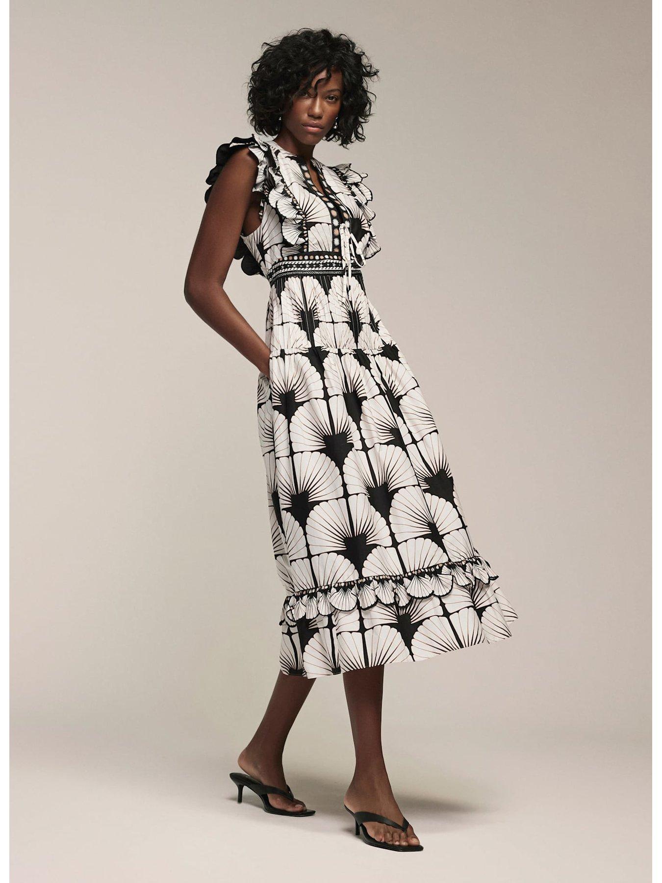 Mint Velvet White Cotton Shell Print Midi Dress - Black | Very