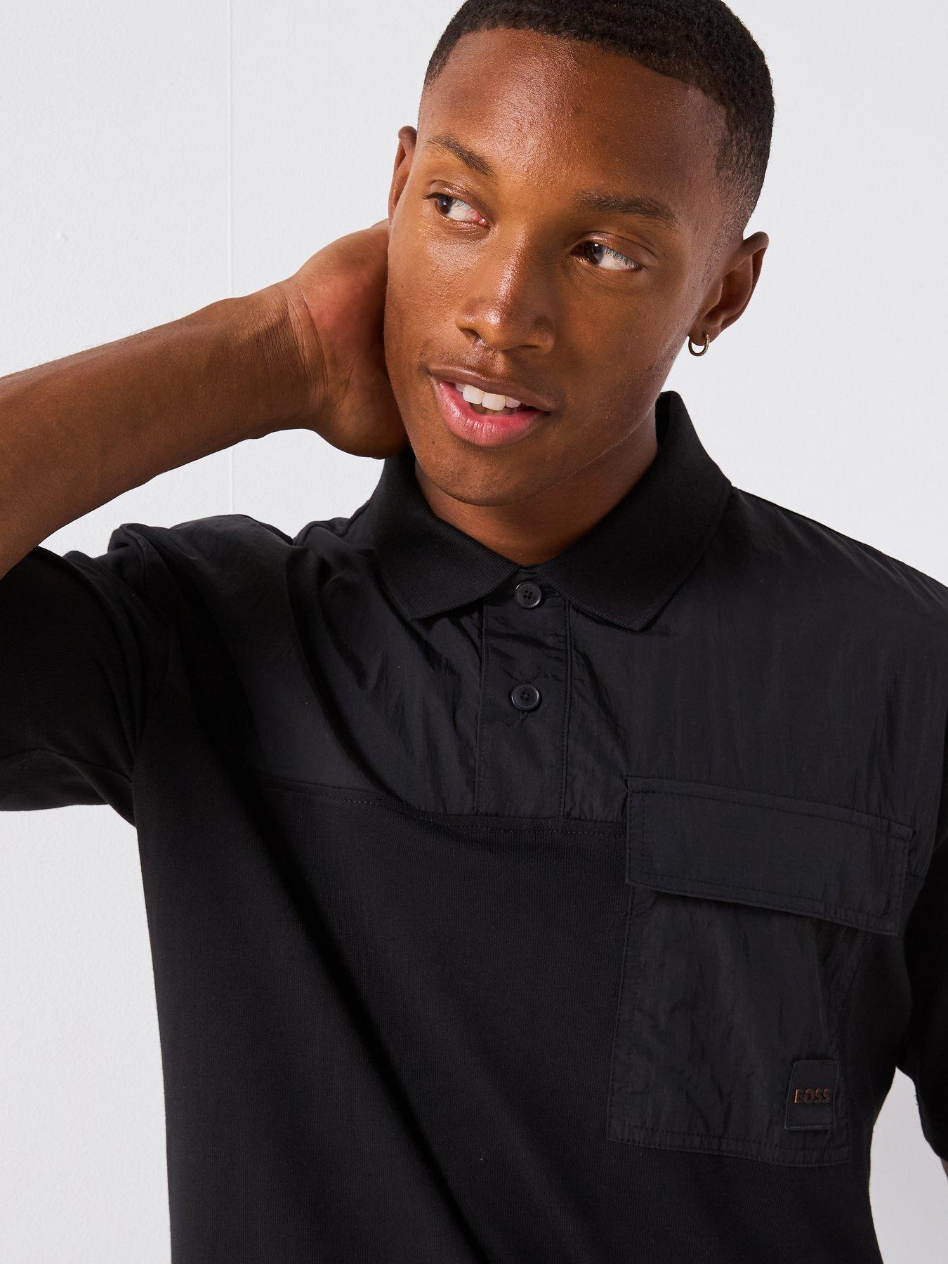 BOSS Panel Relaxed Fit Nylon Panel Polo Shirt - Black | Very