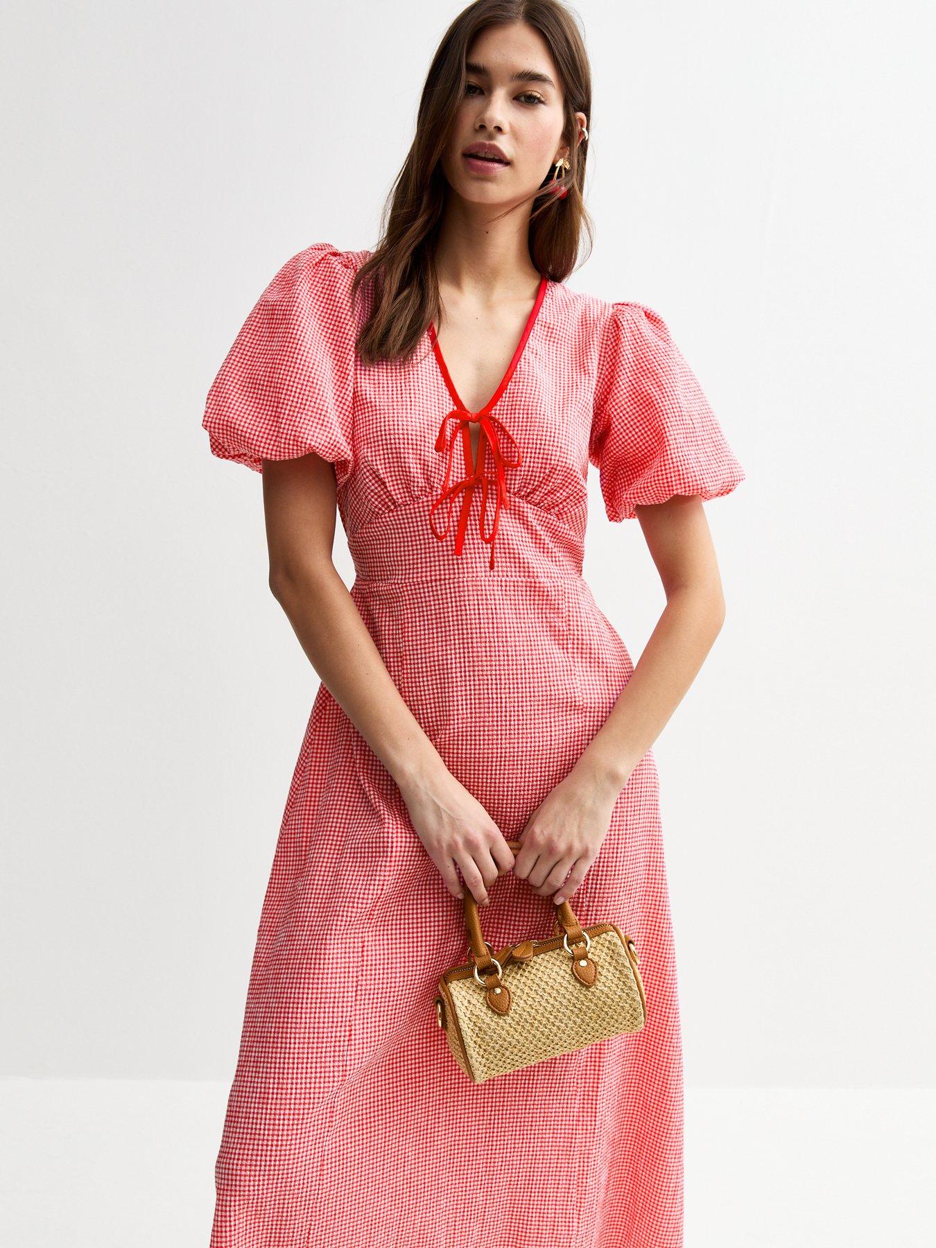 New Look Gingham Check Tie Neck Midi Dress - Red | Very