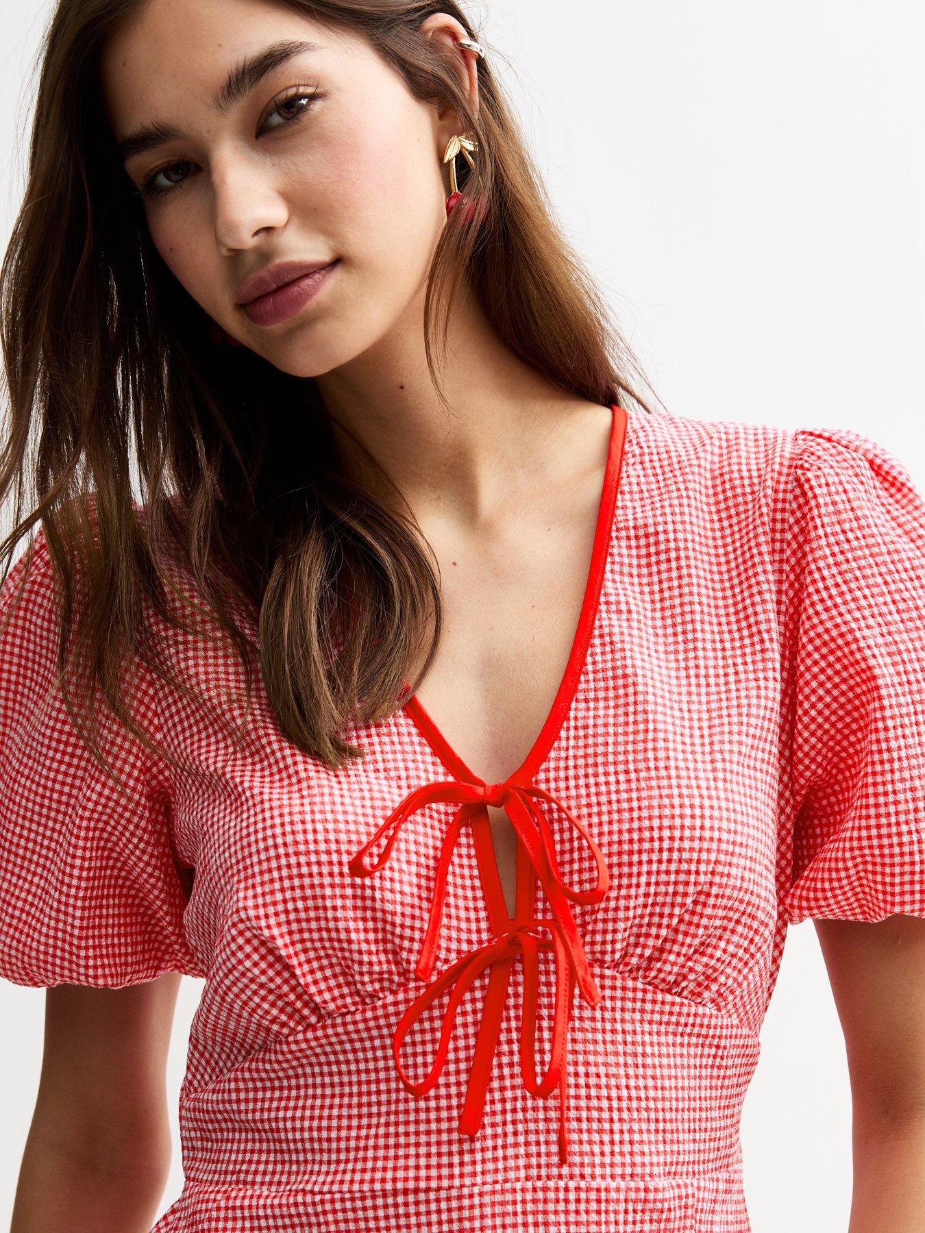New Look Gingham Check Tie Neck Midi Dress - Red | Very