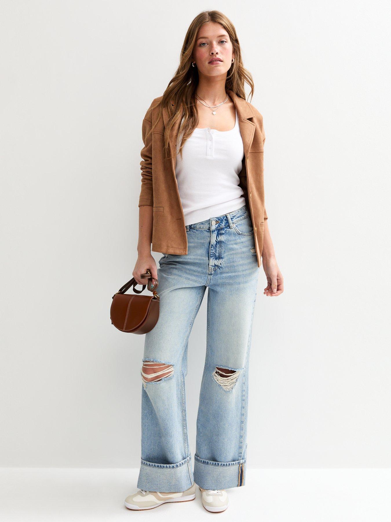 New Look Ripped Knee Wide Leg Turn Up Jeans - Light Blue | Very