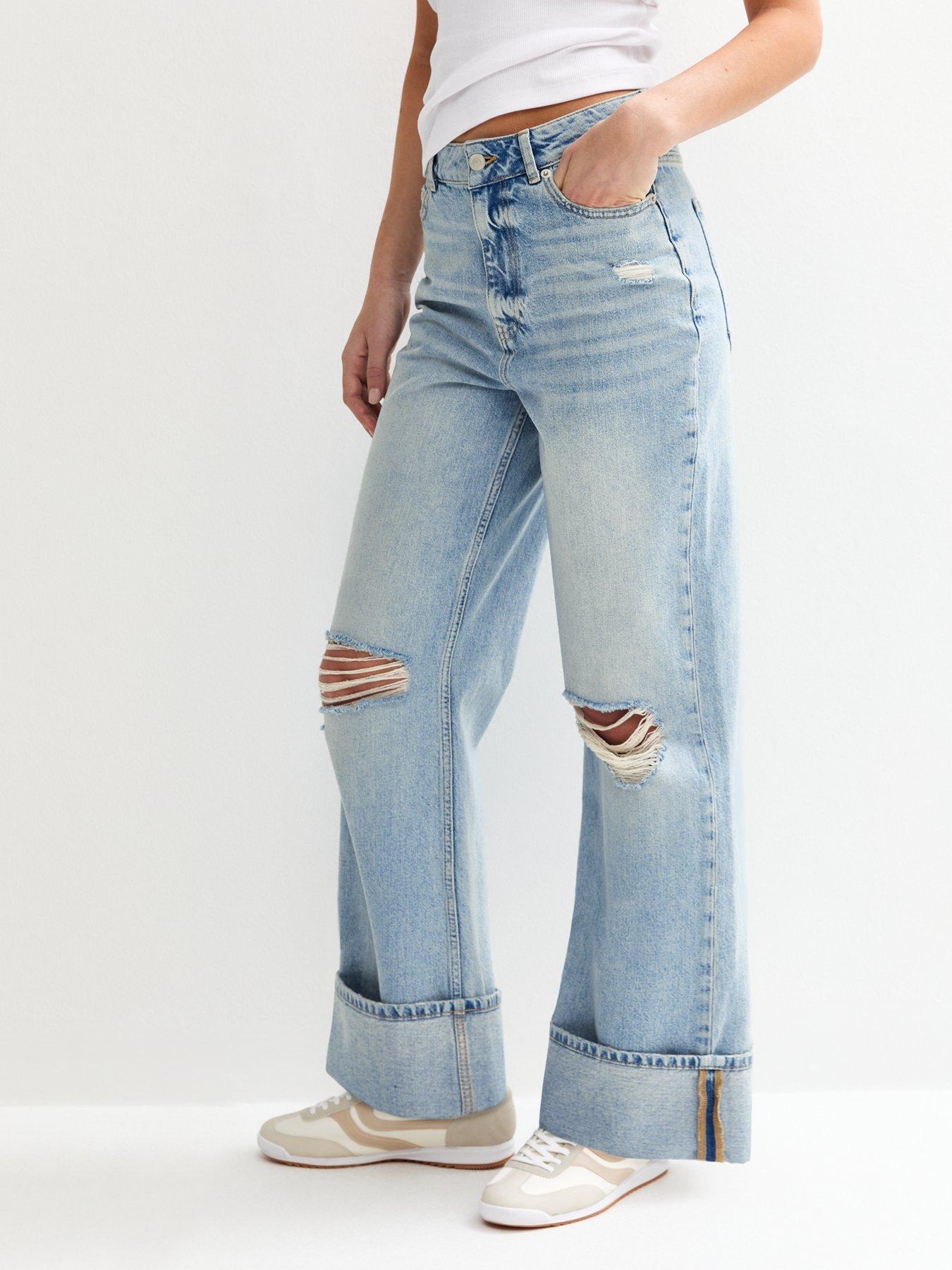 New Look Ripped Knee Wide Leg Turn Up Jeans - Light Blue | Very