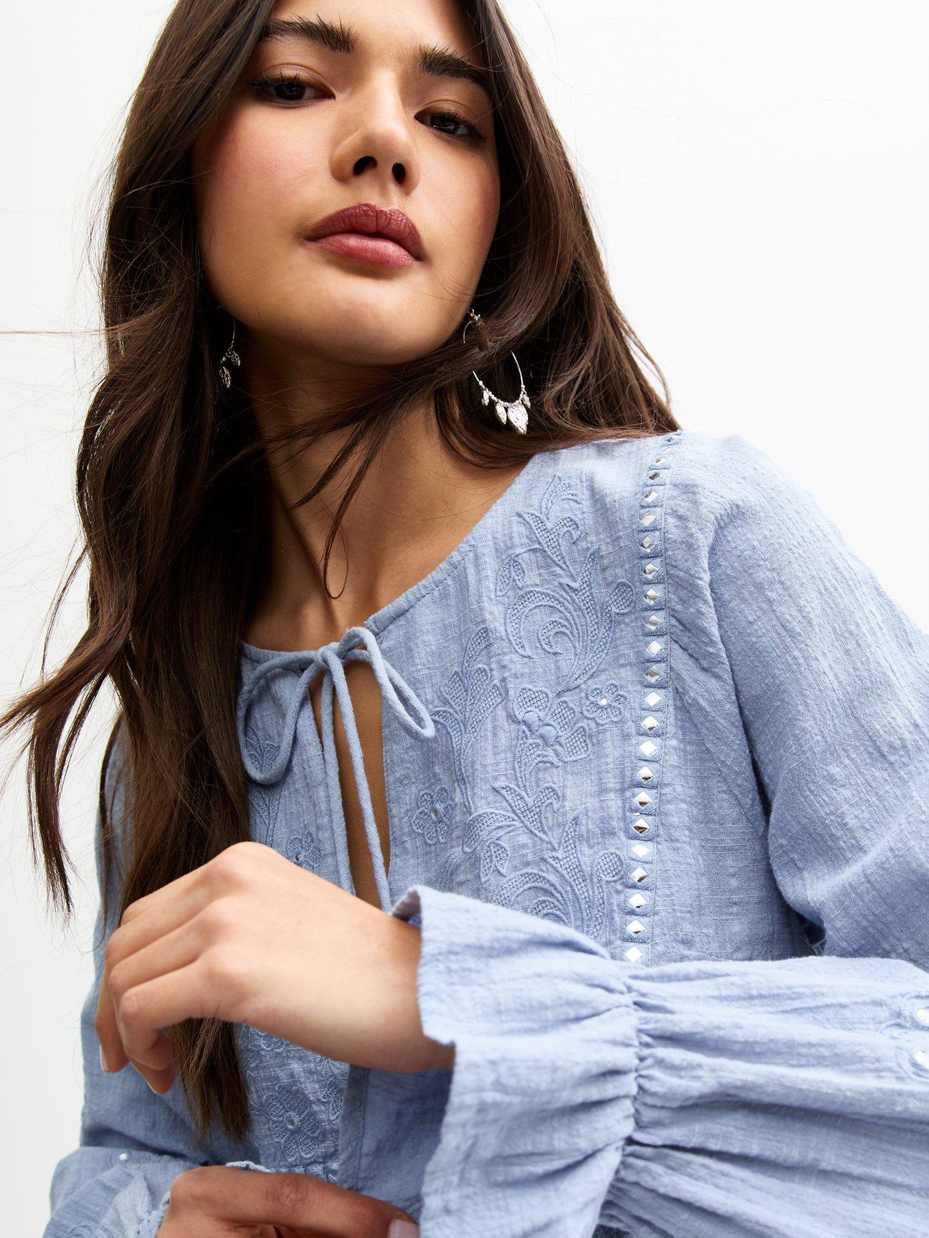 New Look Floral Mirror Embroidered Tie Neck Blouse - Blue | Very