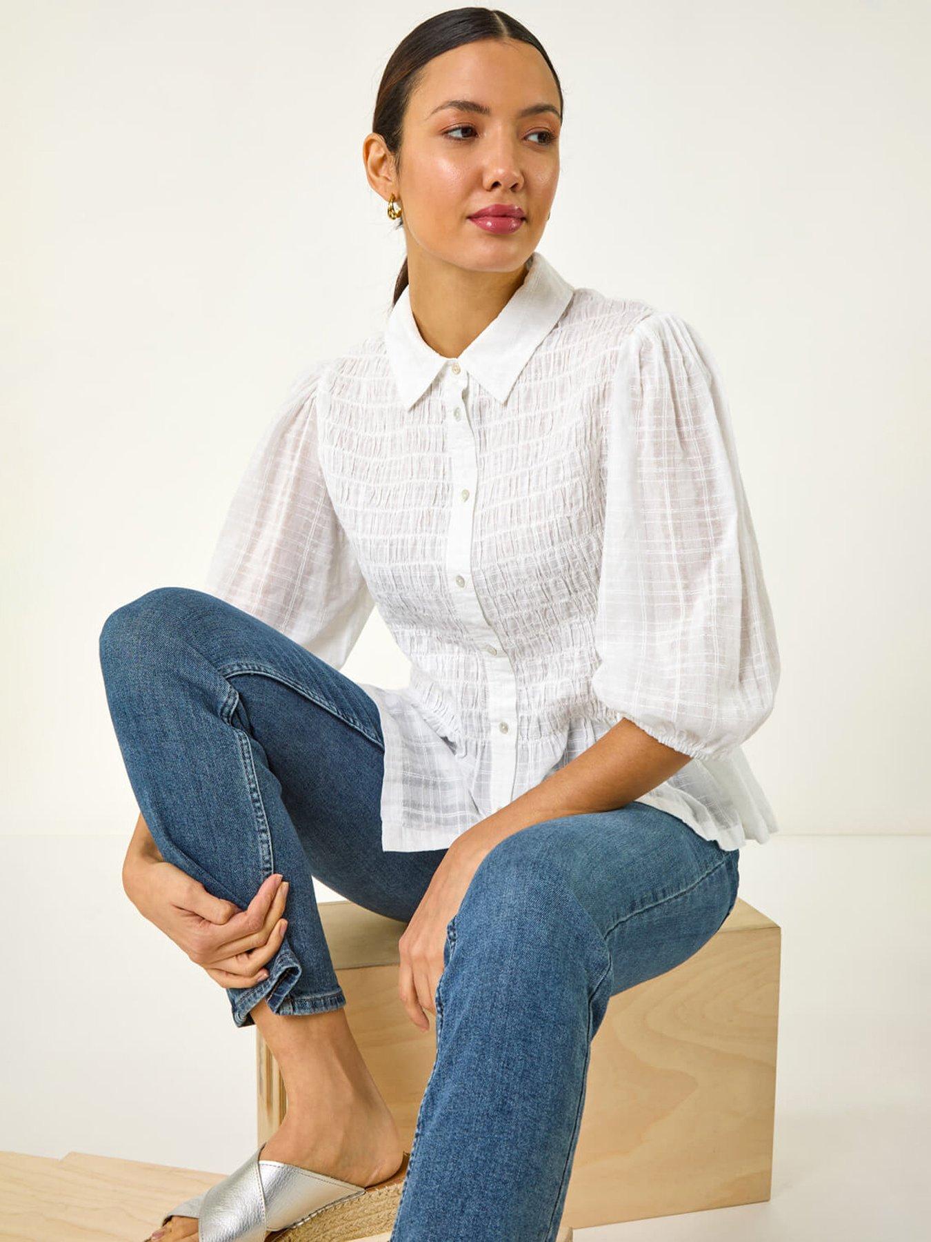 Roman Collar Shirred Button Blouse - Ivory | Very