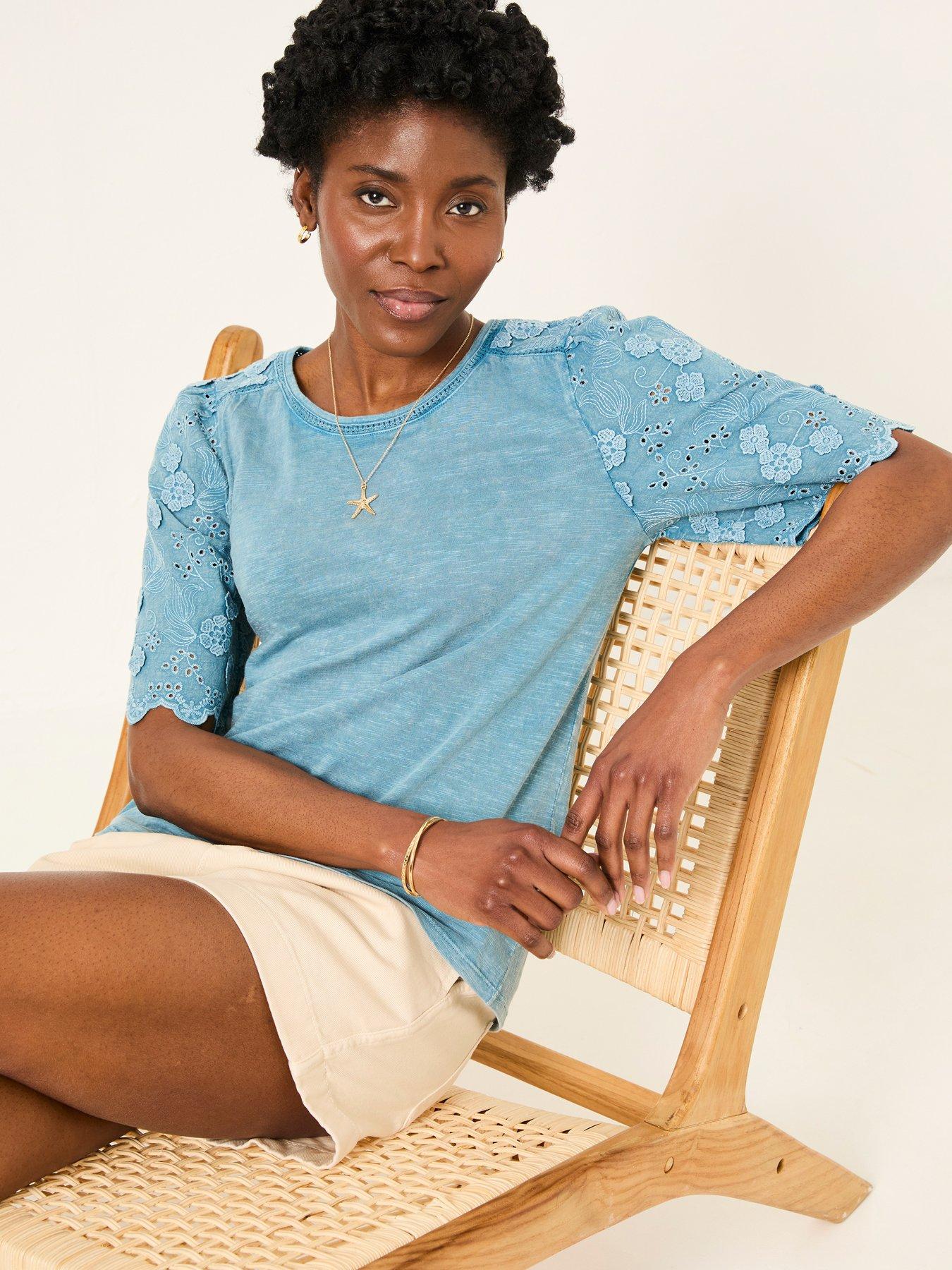 FatFace Pretty Broderie Top - Blue | Very