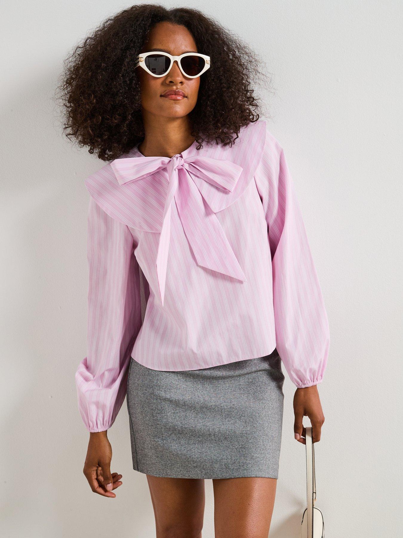 V by Very Pink Stripe Bow Detail Blouse - Pink | Very
