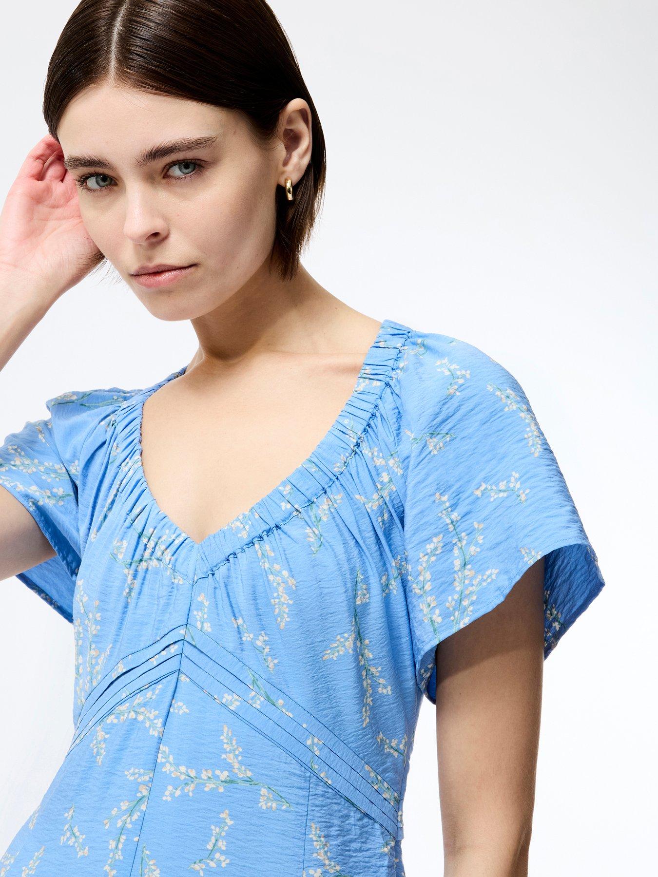 French Connection Floral Print Ruched V-neck Drape A-line Midi Dress | Very