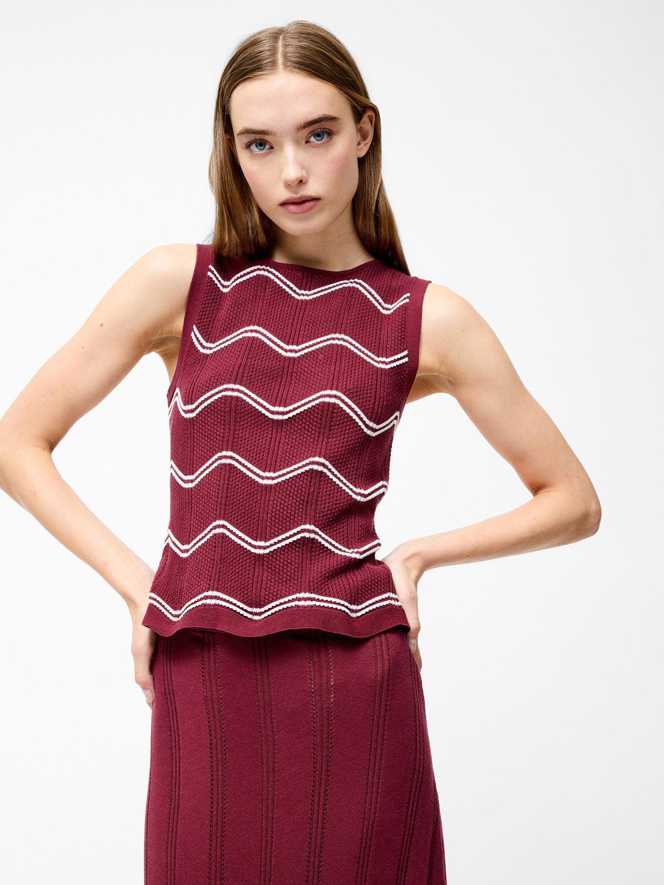 French Connection Cotton Crotchet Striped Round Neck Sleeveless Top | Very