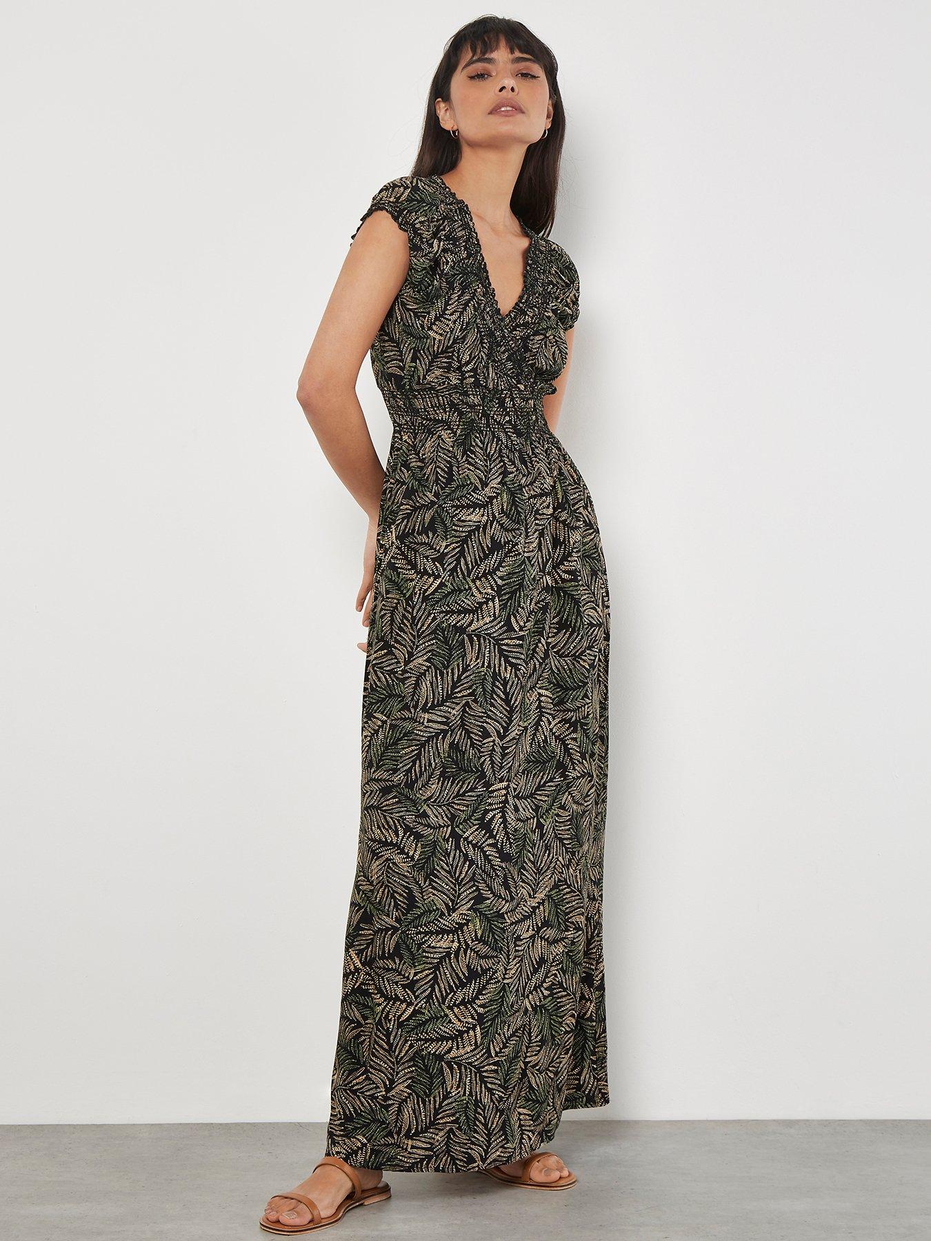 Apricot Rustic Leaves Smock V-Neck Maxi Dress - Green | Very