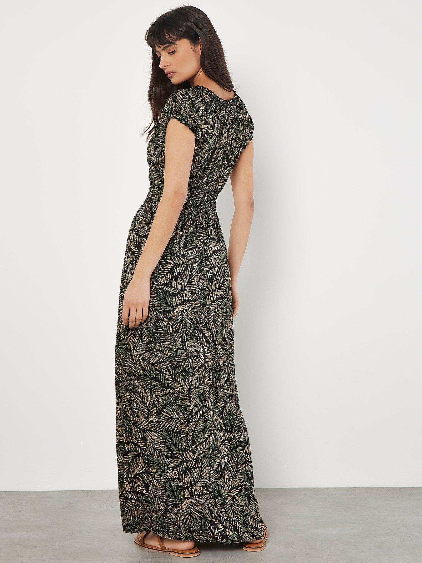 Apricot Rustic Leaves Smock V-Neck Maxi Dress - Green | Very