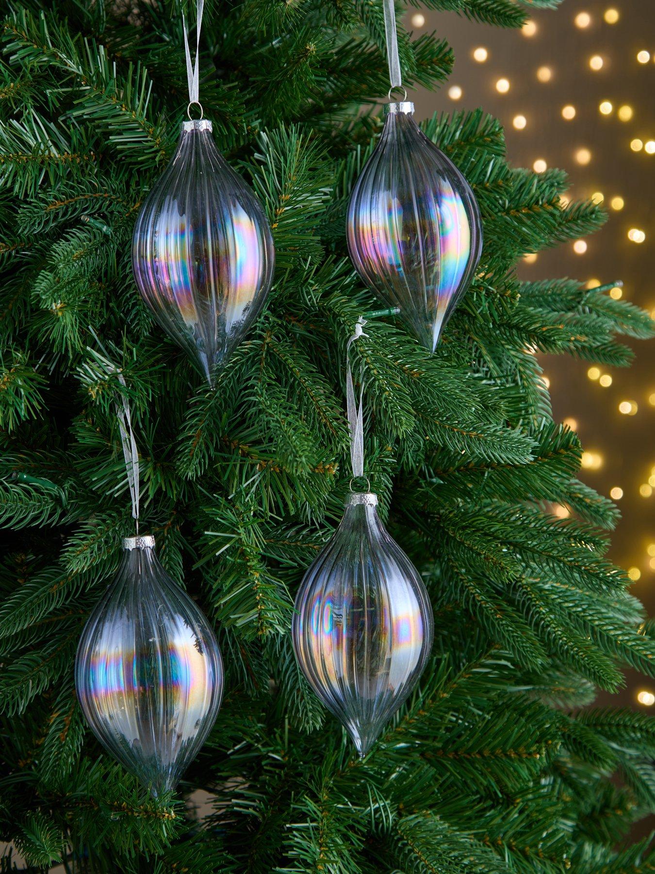 Very Home Set of 4 Ribbed Glass Teardrop Christmas Tree Baubles | Very