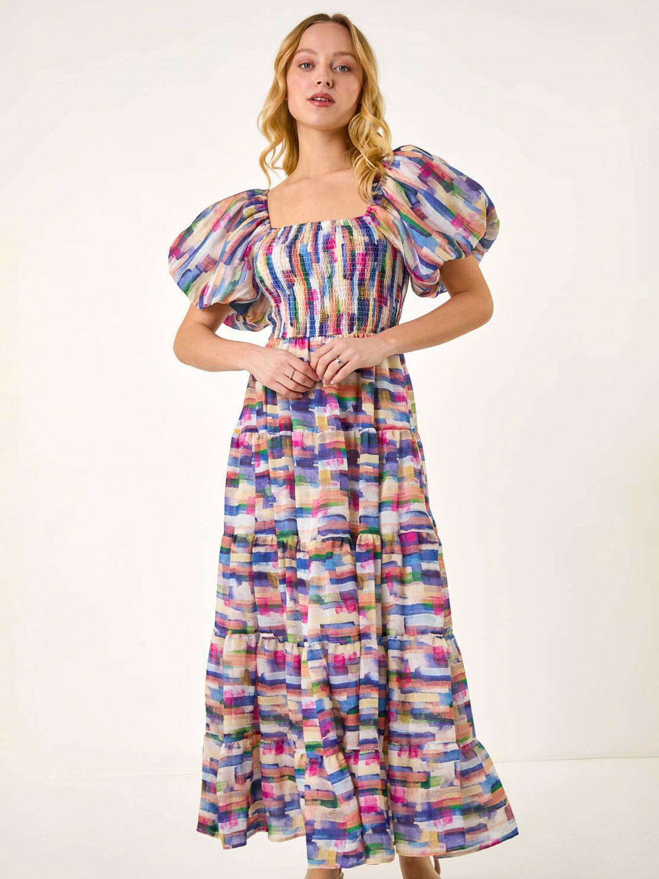 Roman Dusk Abstract Puff Sleeve Tiered Dress - Pink | Very