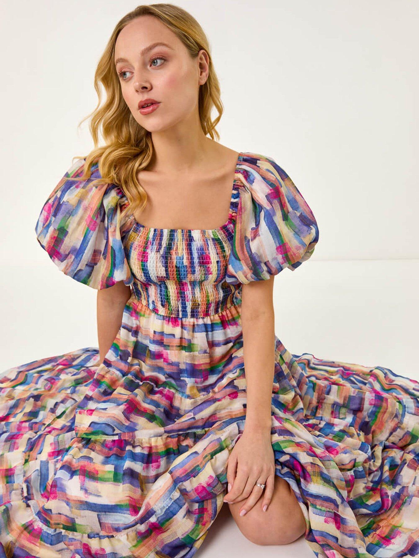 Roman Dusk Abstract Puff Sleeve Tiered Dress - Pink | Very
