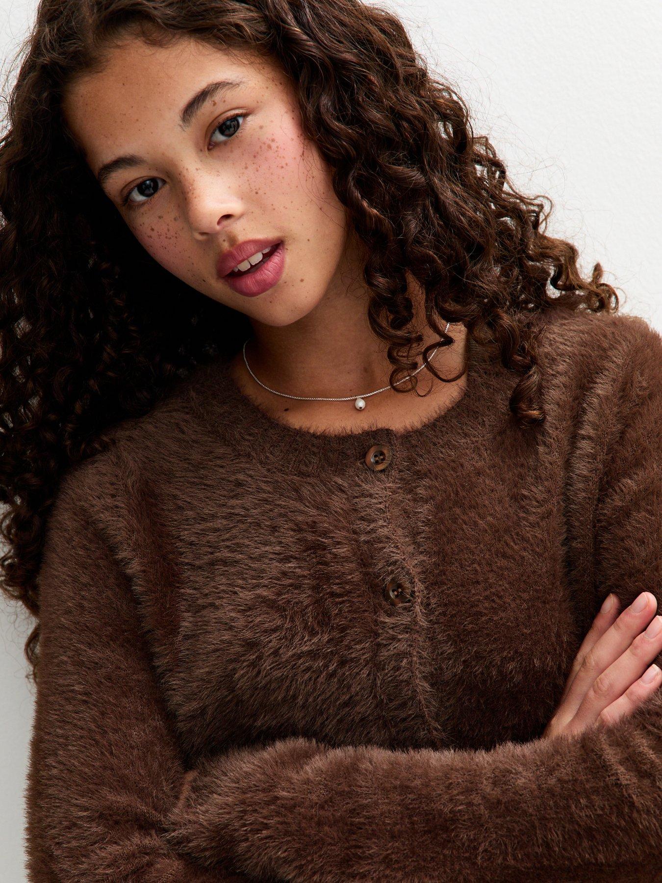 New Look 915 Girls Fluffy Crew Neck Cardigan - Brown | Very