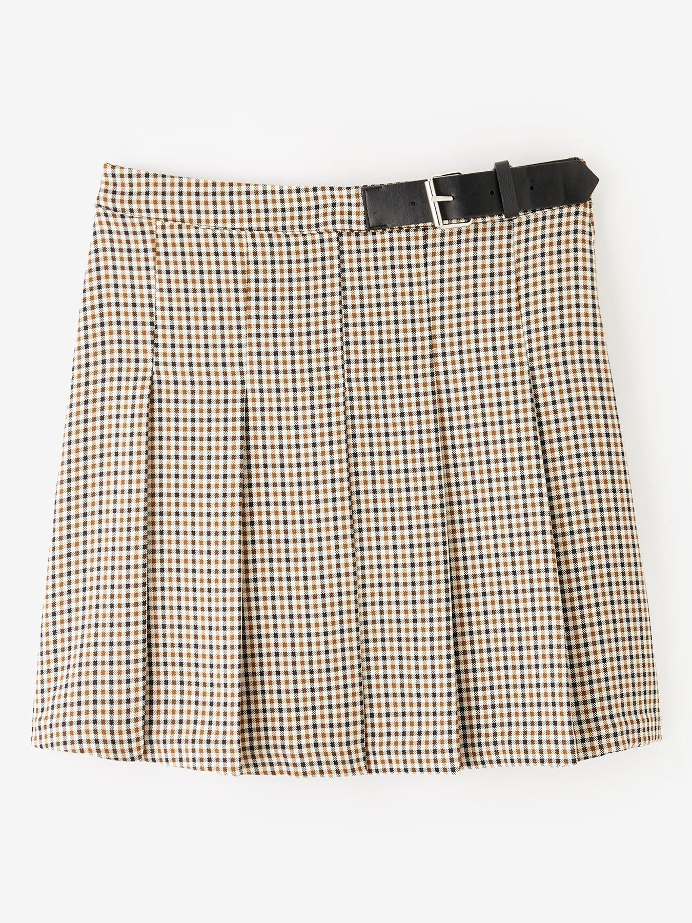 The Very Collection Girls Check Skirt with Buckle Detail - Brown | Very