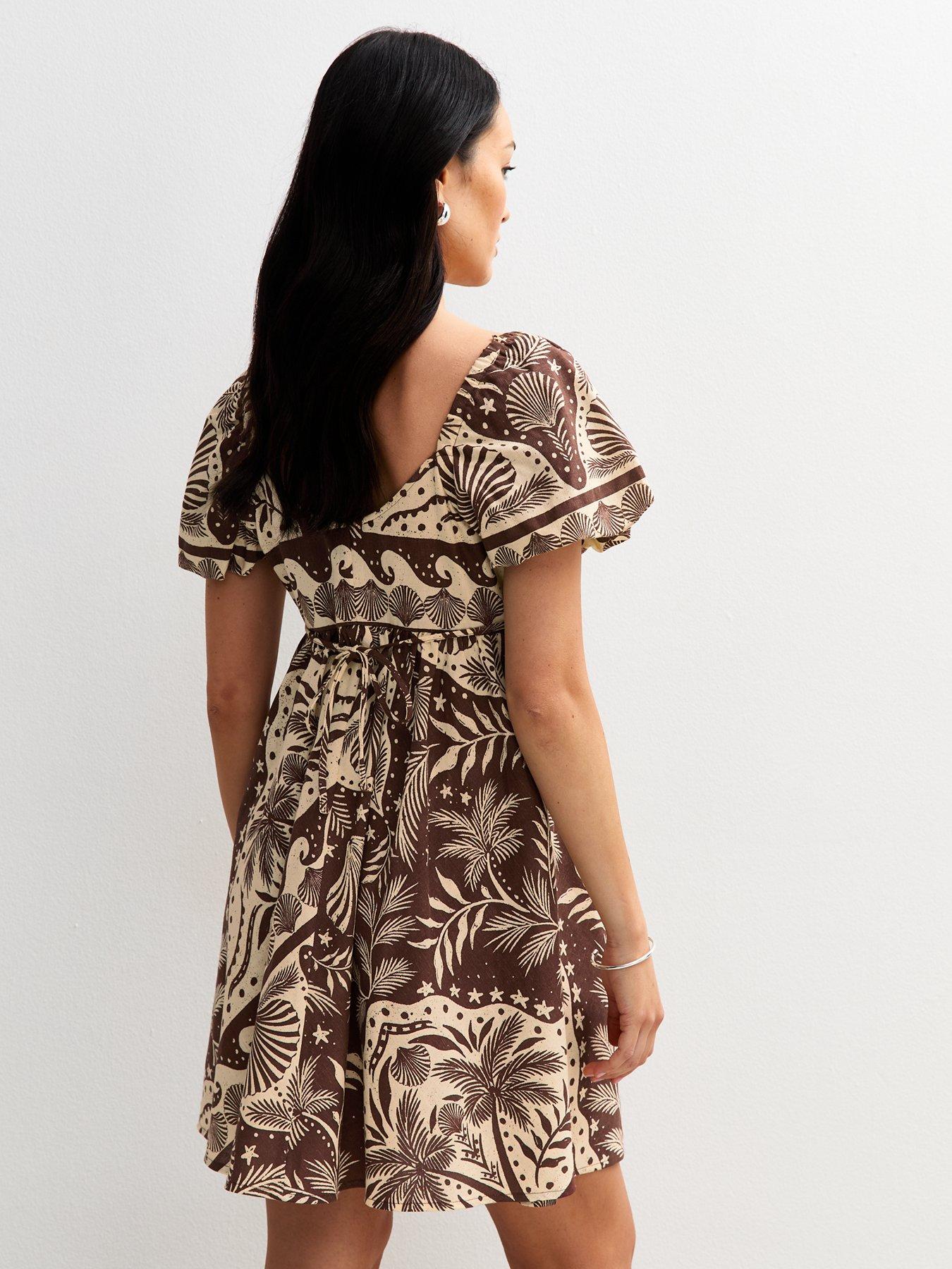 New Look Shell Print Puff Sleeve Mini Dress - Brown | Very