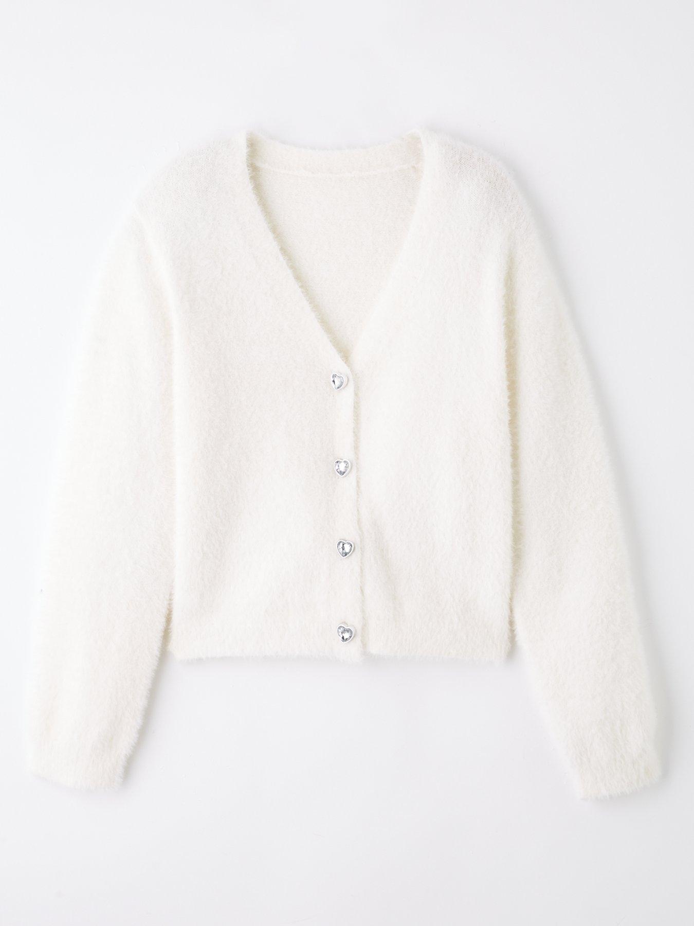 The Very Collection Girls Fluffy with Diamante Buttons Cardigan - Cream ...