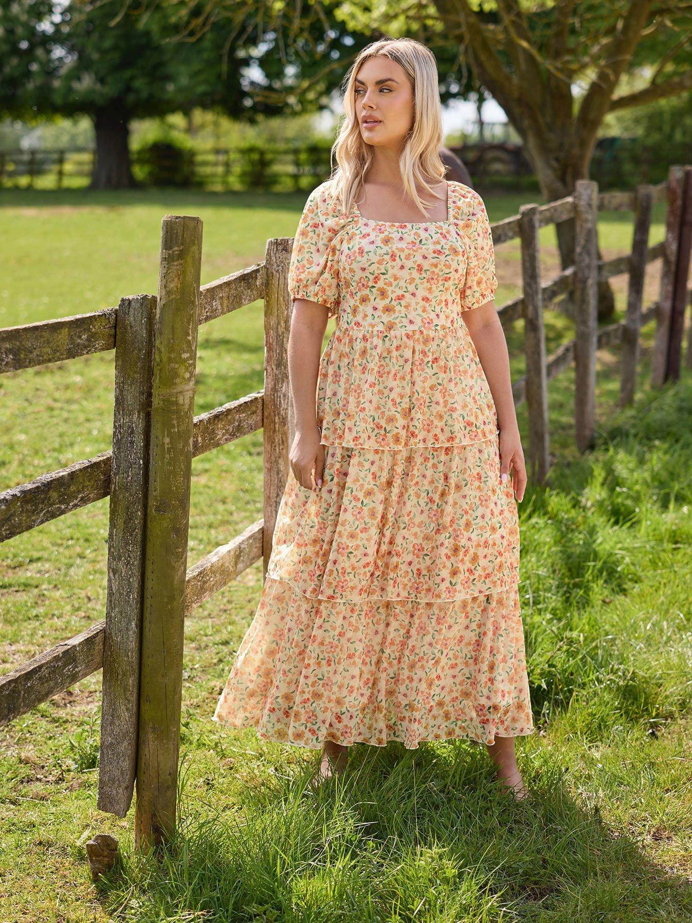 Yours Curve Three Tier Occasion Dress - Yellow | Very