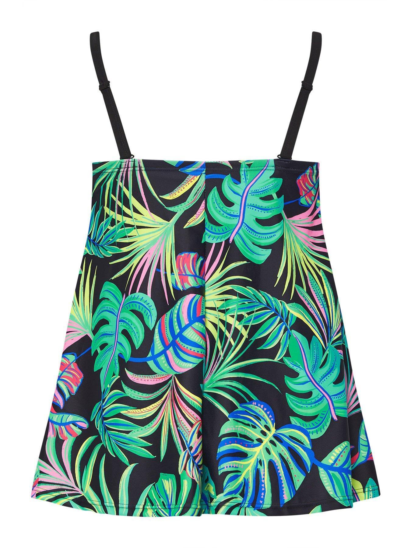 Yours Curve Tribal Leaf A-Line Tankini - Green | Very