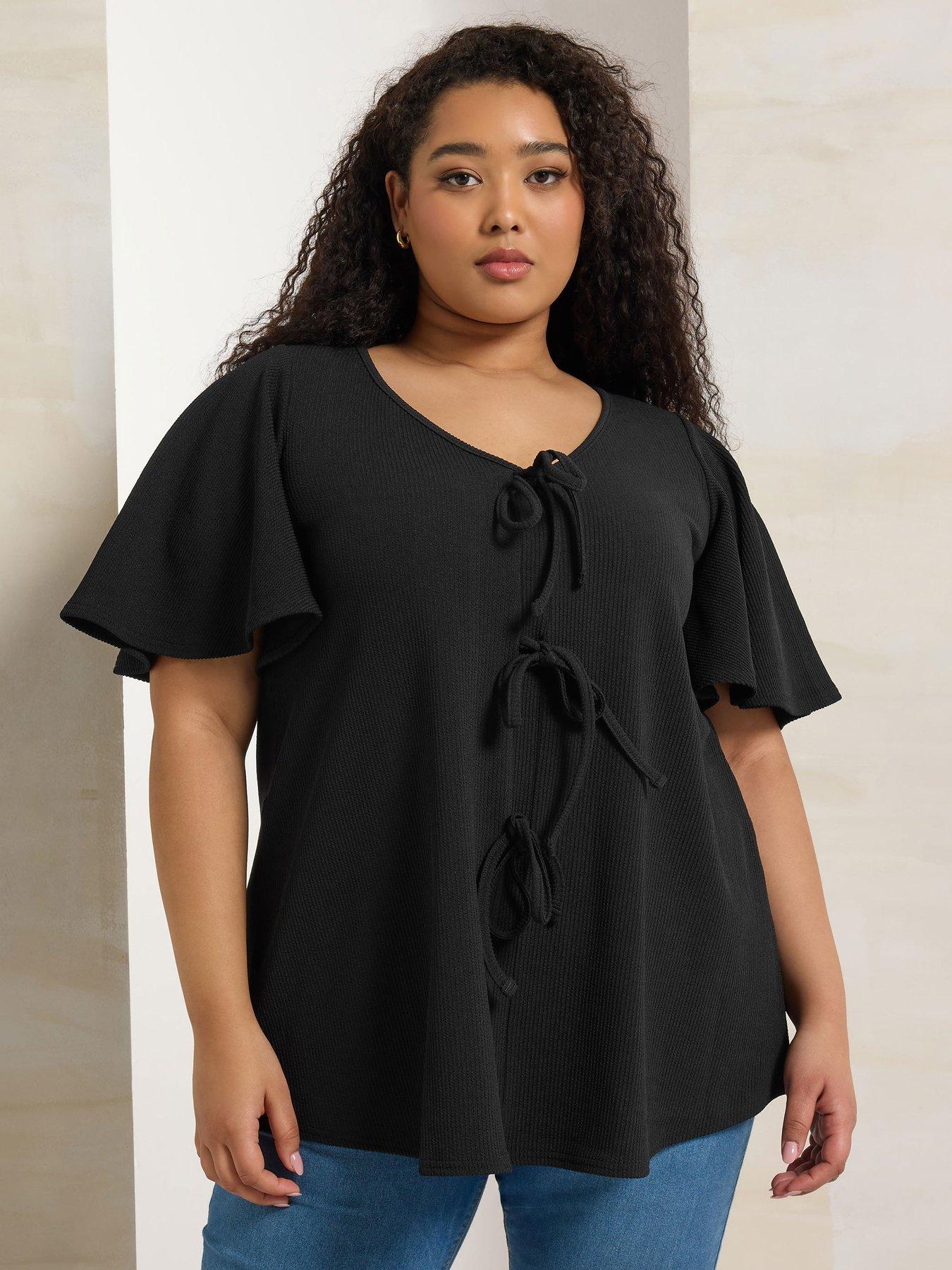 Yours Curve Bow Front Angel Sleeve Top - Black | Very