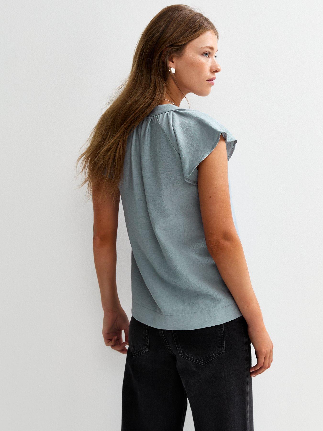 New Look Flutter Sleeve Button Up Top - Blue | Very