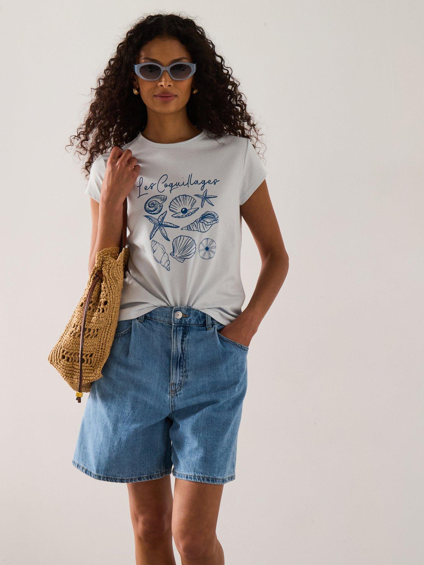 Mango Printed Cotton Blend T-Shirt - Blue | Very