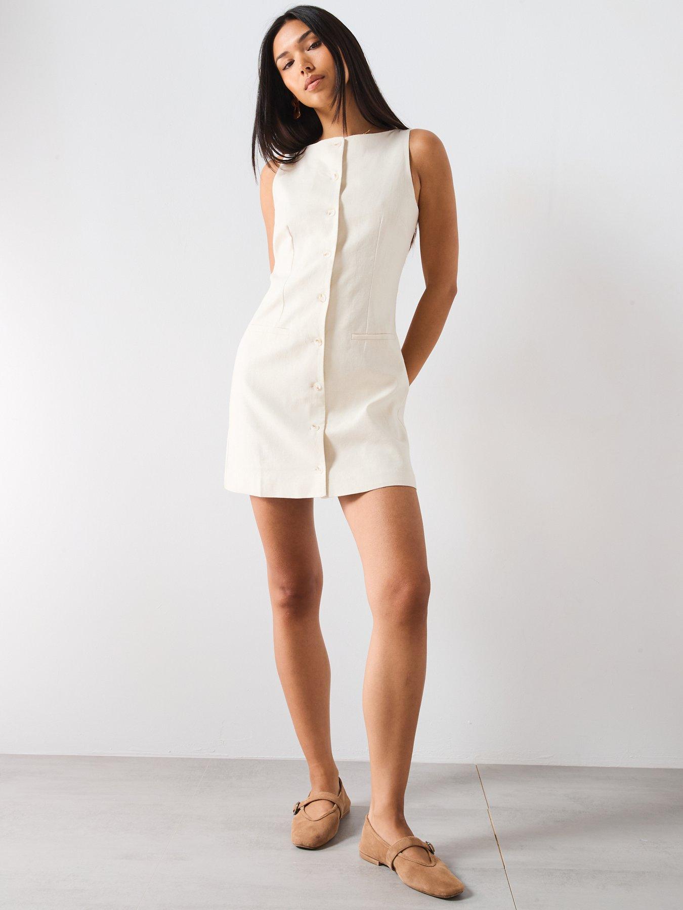 Mango Short Button Down Linen Blend Dress - Cream | Very