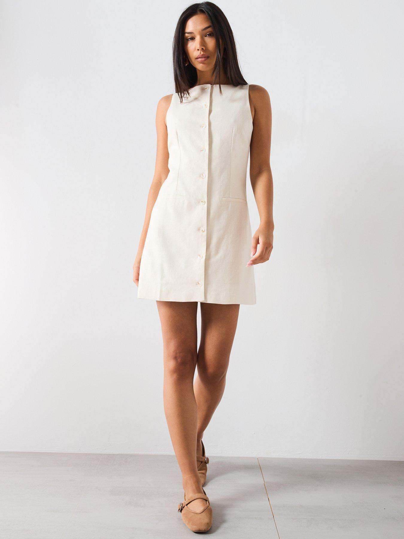 Mango Short Button Down Linen Blend Dress - Cream | Very
