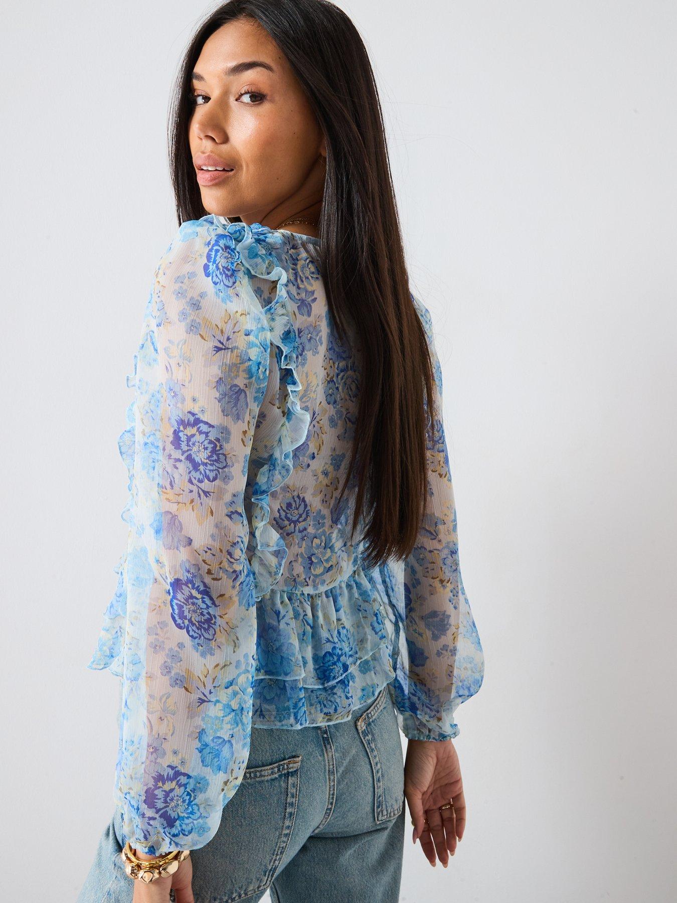 Mango Floral Ruffled Blouse - Sky Blue | Very