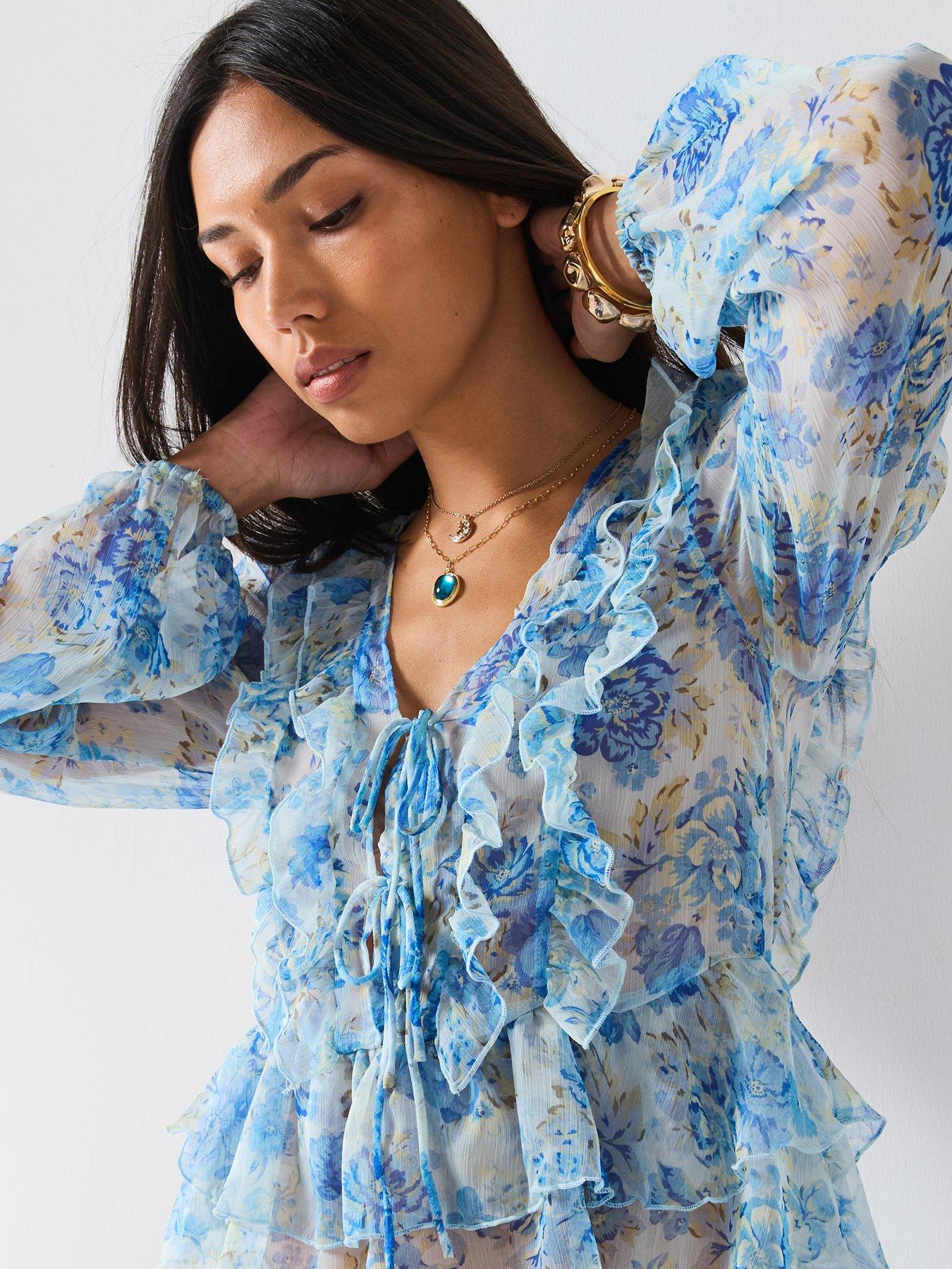 Mango Floral Ruffled Blouse - Sky Blue | Very
