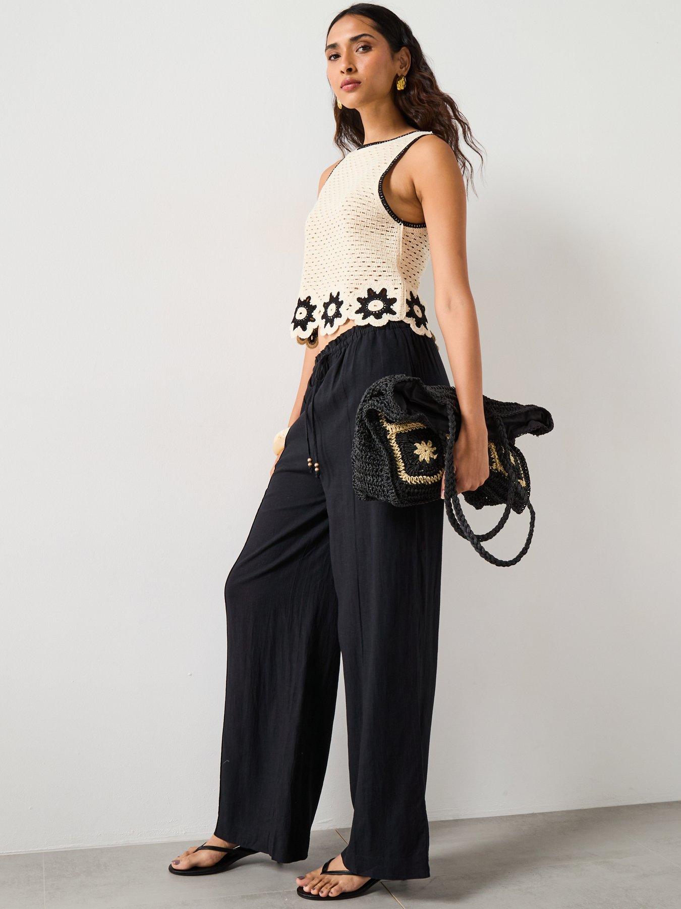 Mango Linen Blend Elastic Waist Trousers - Black | Very