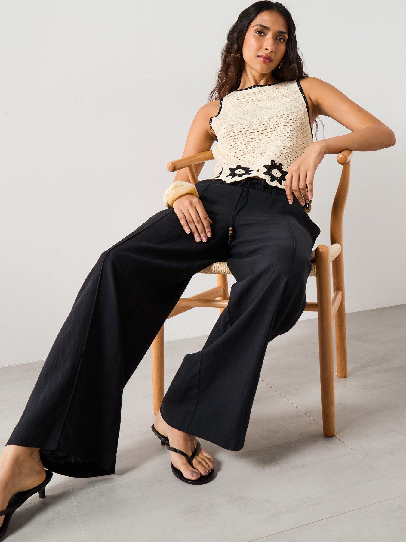 Mango Linen Blend Elastic Waist Trousers - Black | Very