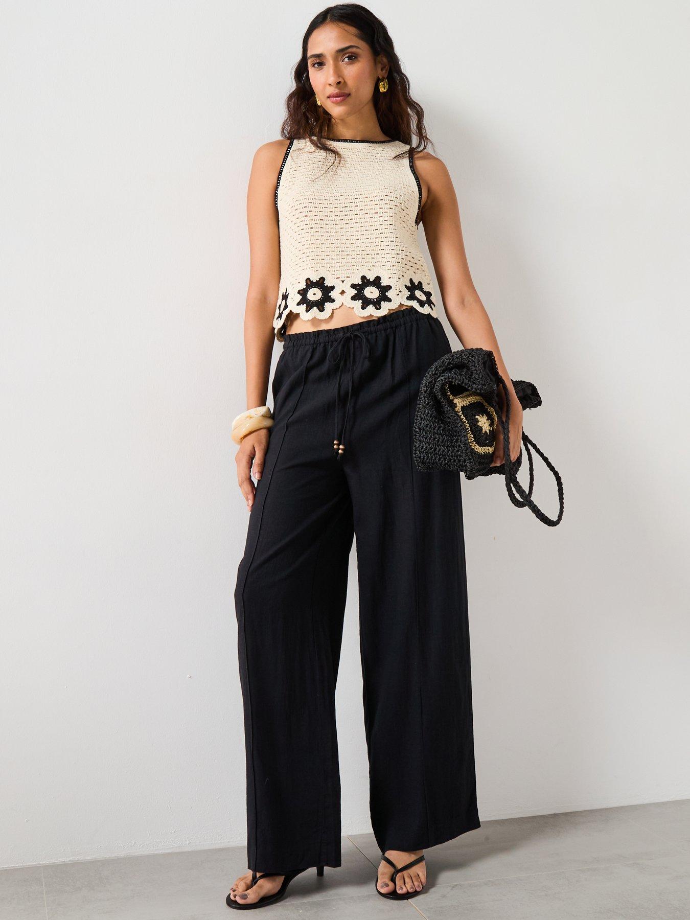 Mango Linen Blend Elastic Waist Trousers - Black | Very